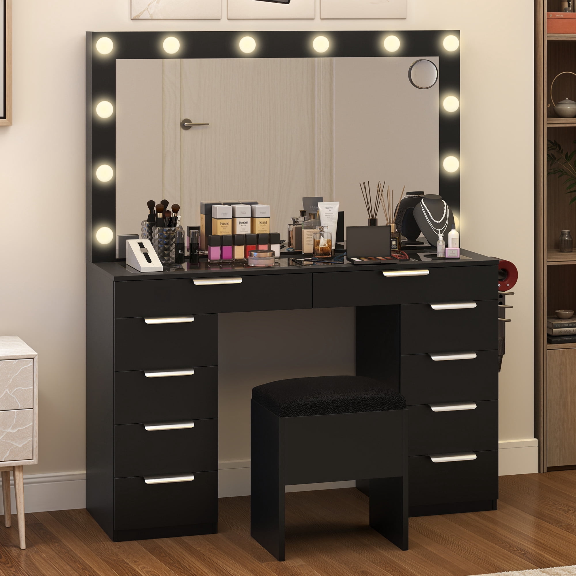 Uforic Glass Top Vanity Desk with Lighted Mirror, 10 Drawers & Power ...