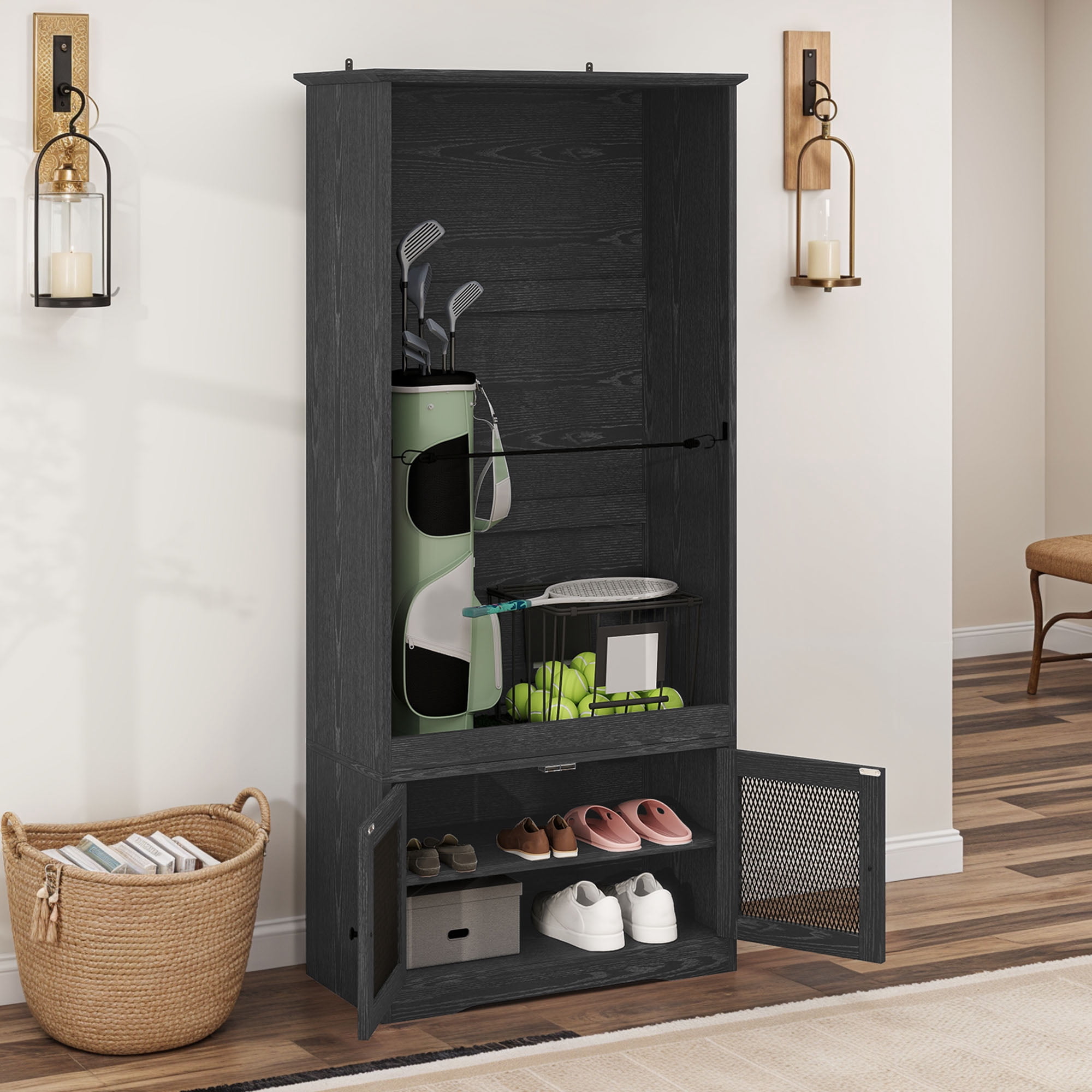 Uforic Golf Storage Cabinet with Wooden Organizer Rack and Golf Bag ...