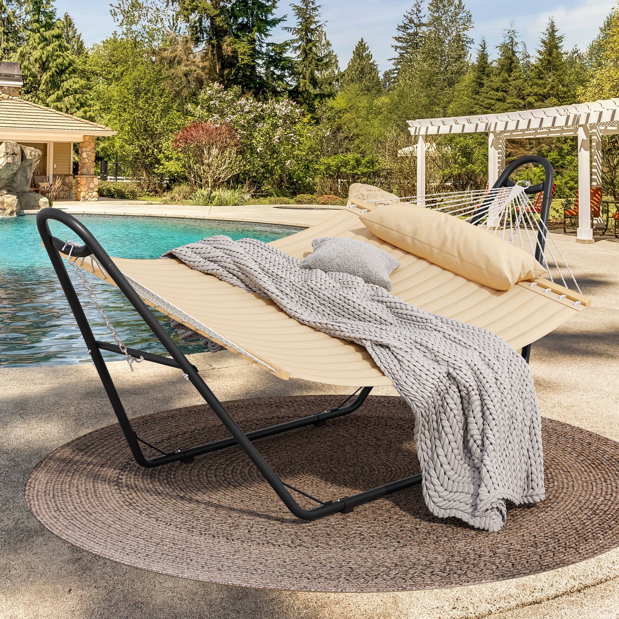 Uforic Outdoor Double Hammock Set, Quilted Fabric Swing with 12ft Steel ...