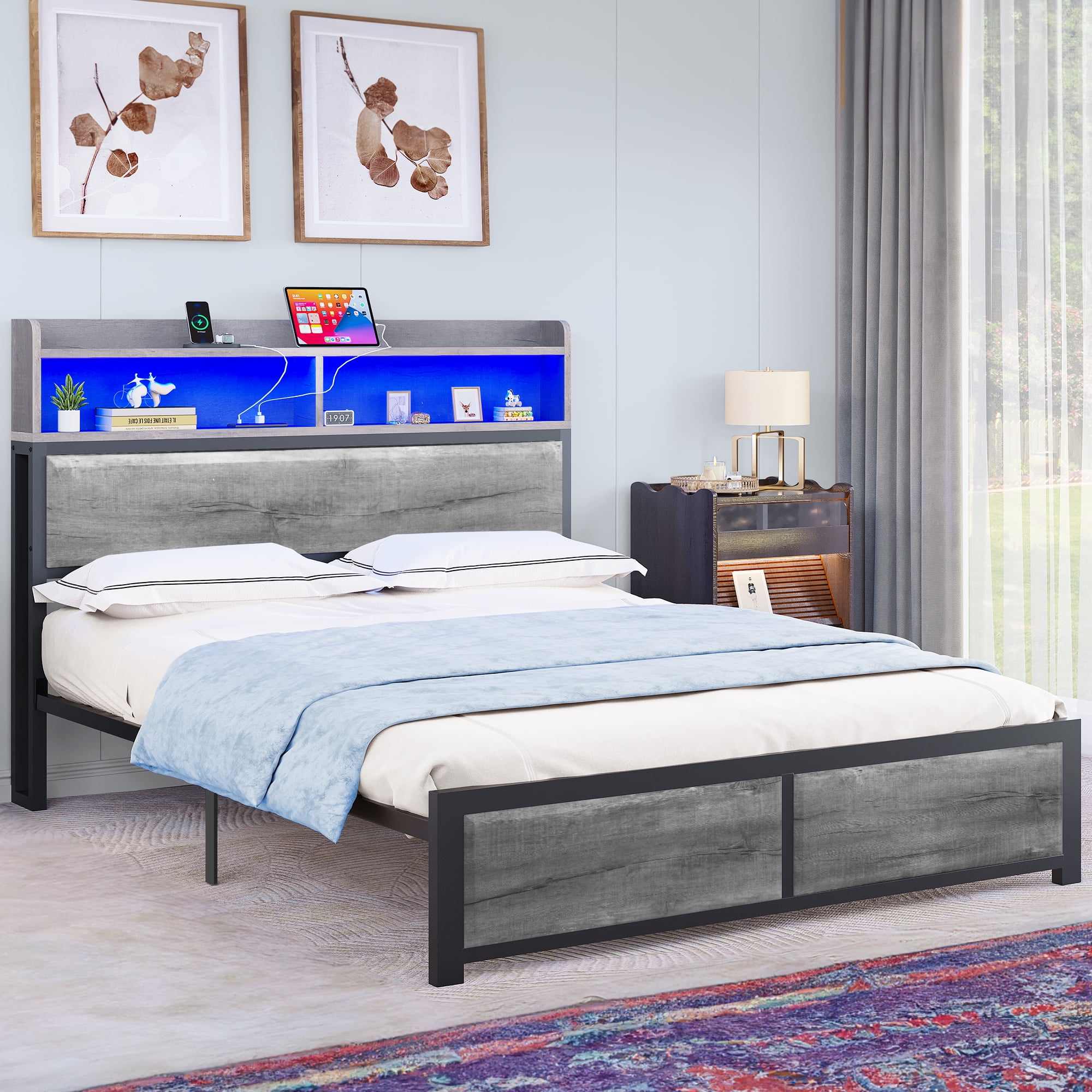 Uforic Greige Queen Size LED Bed Frame: Headboard with USB Ports ...