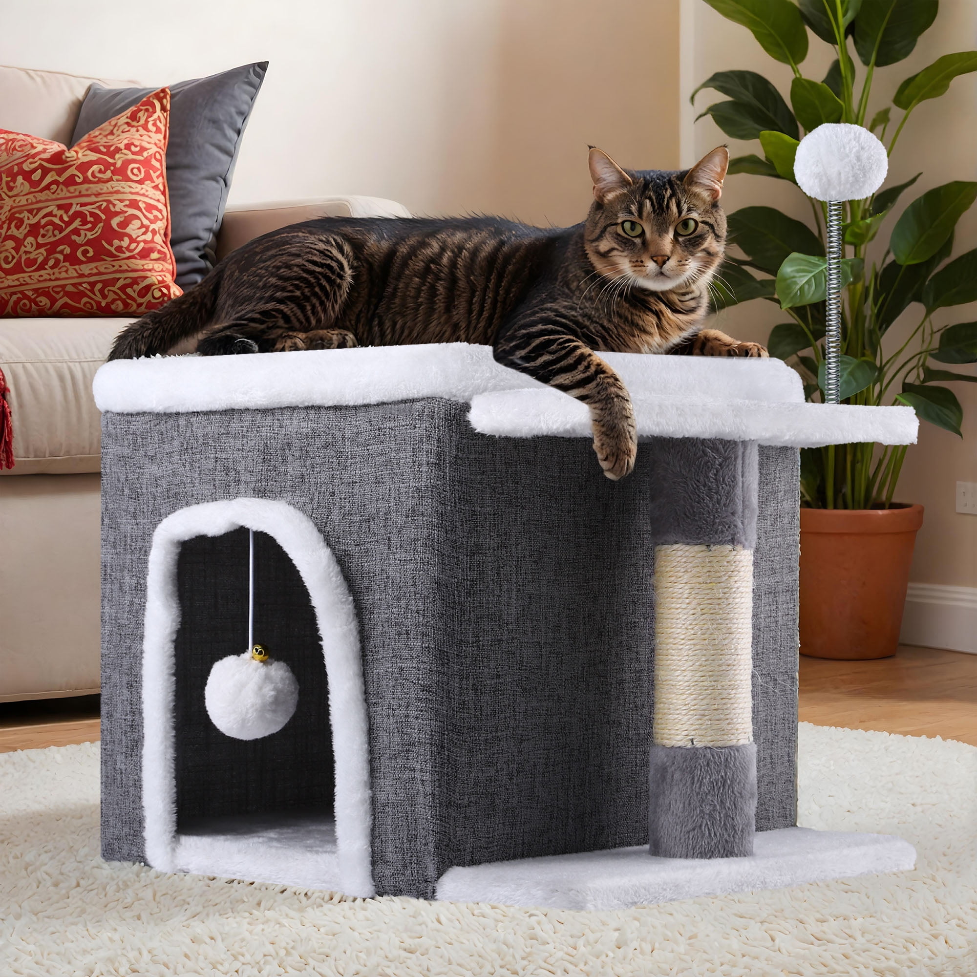 Uforic Indoor Cat Cube House with Sisal Post & Hanging Ball, Covered ...