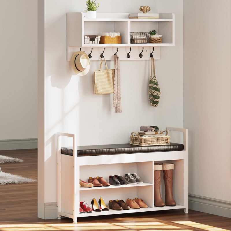 Free Shipping! Uforic Industrial Coat Rack Shoe Bench Set, White ...