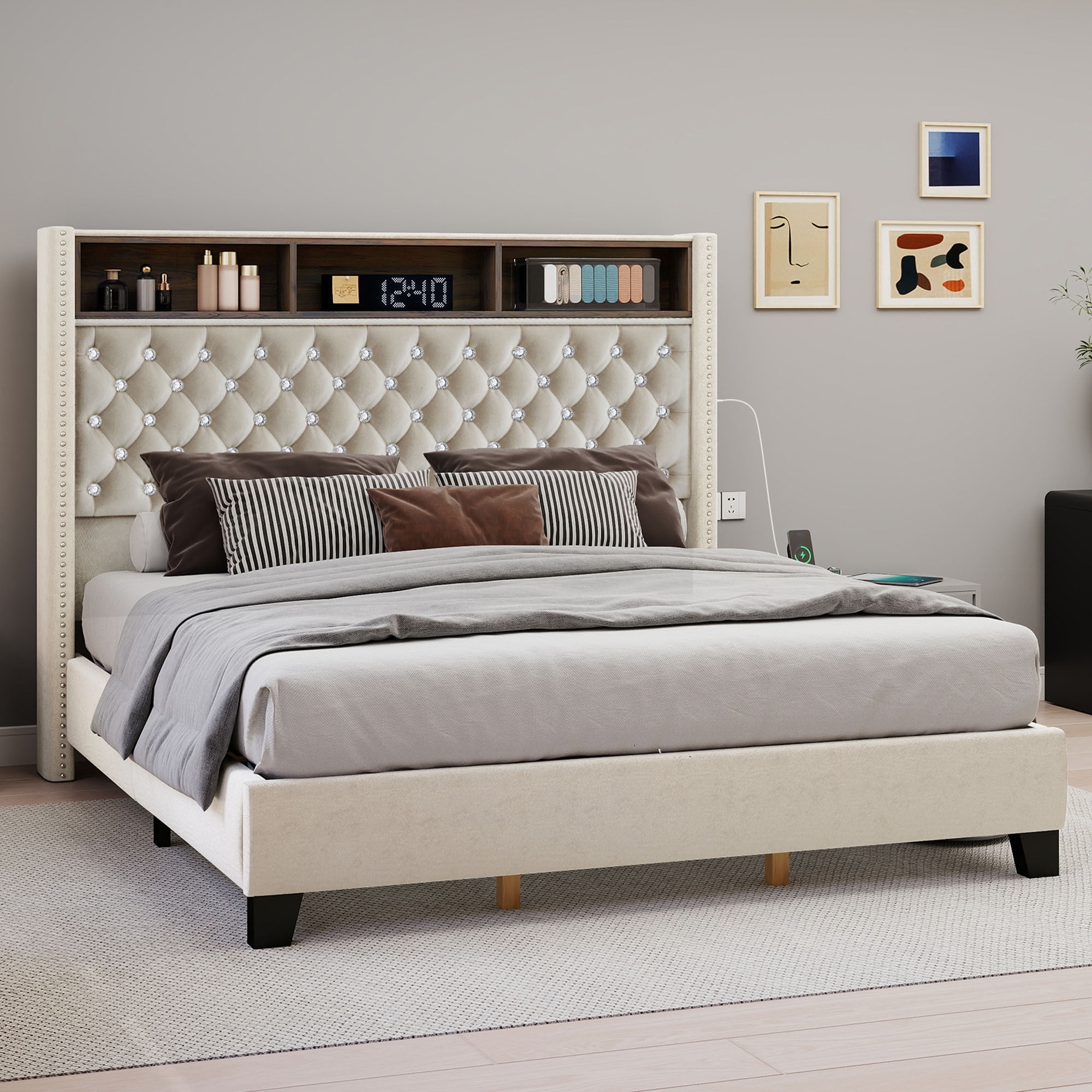 Uforic King Size Bed Frame with Power Outlets & Charging Station ...