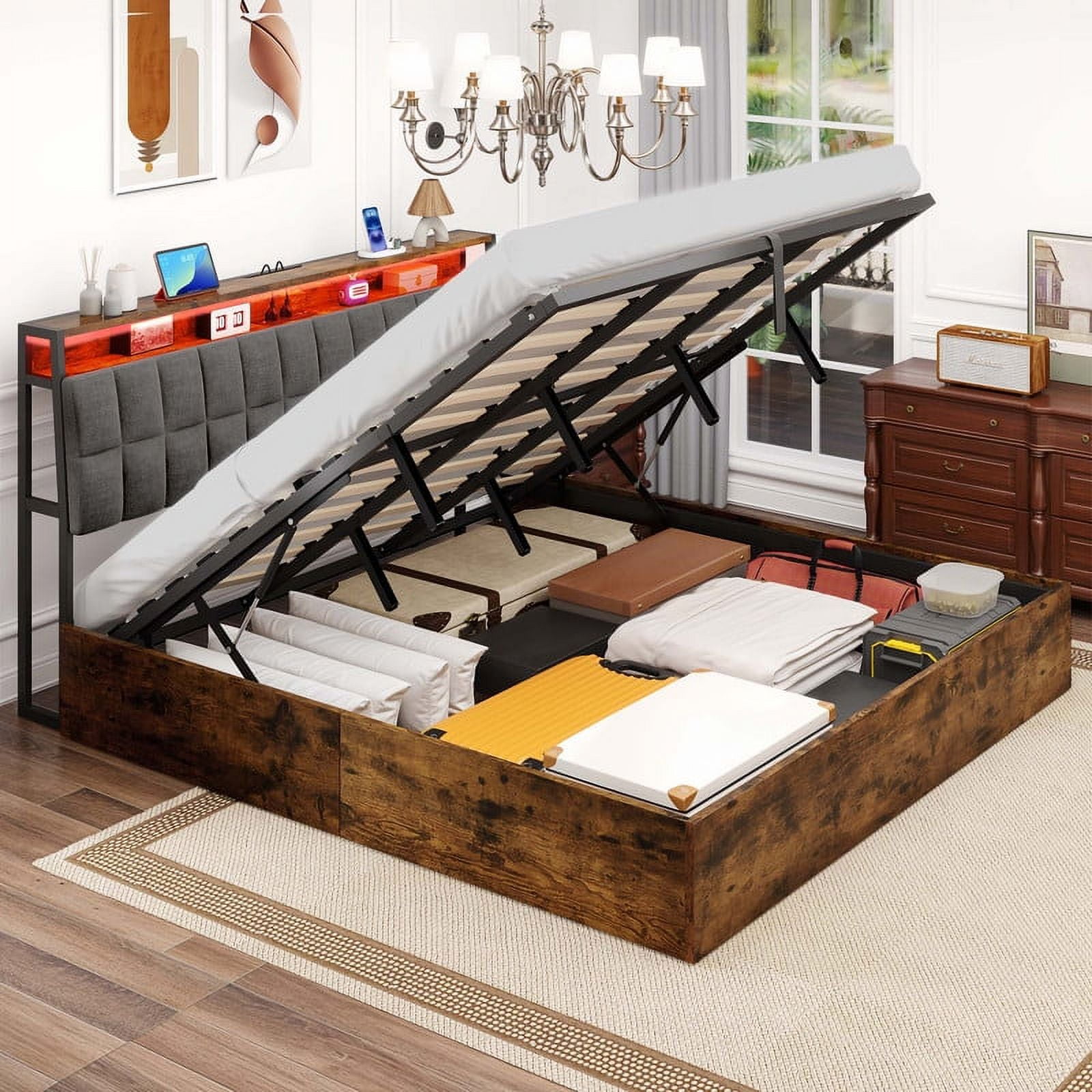 Uforic King Size Lift Up Bed Frame with Charging Station & RGB LED ...