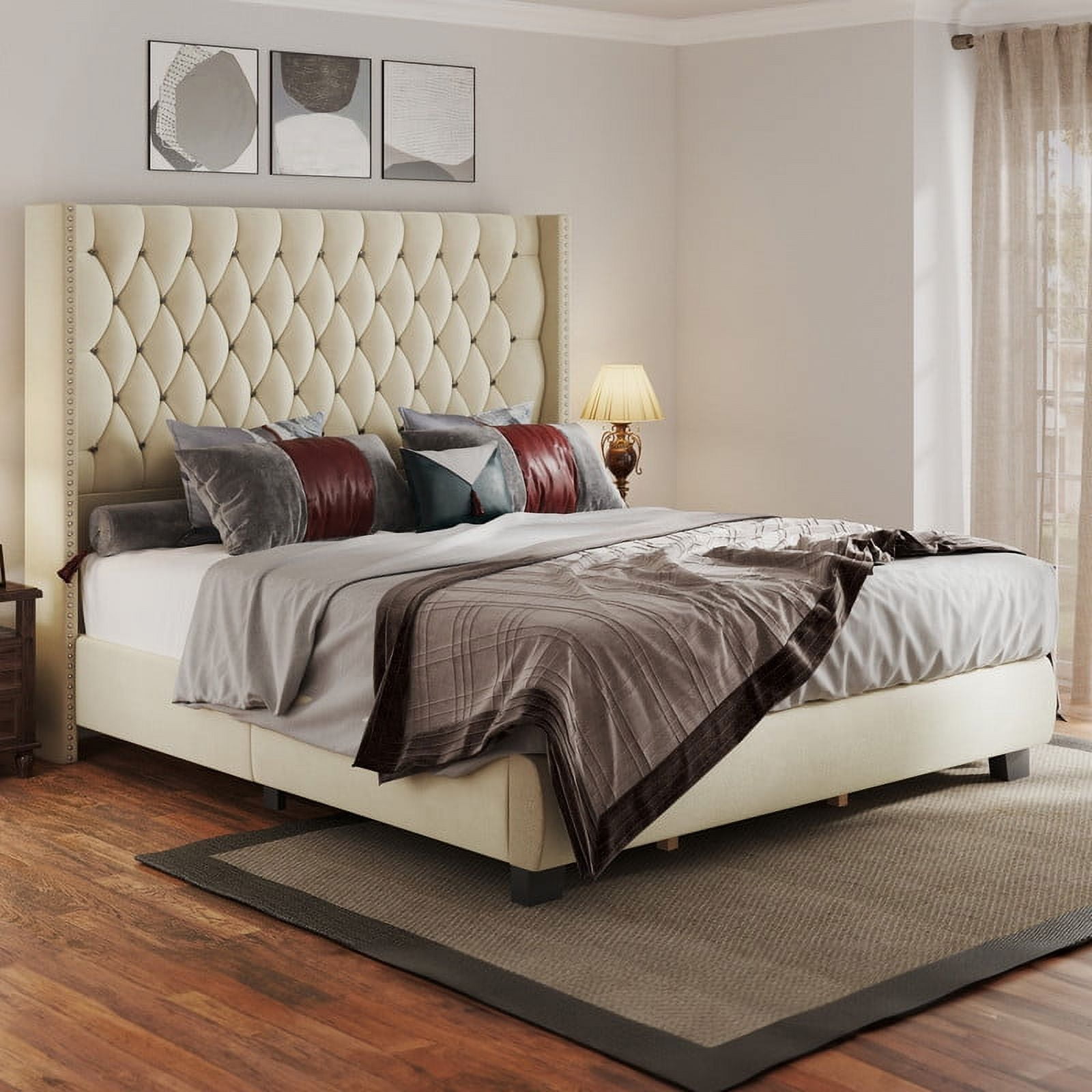 Uforic King Wingback Bed Frame with 58" Tall Headboard and USB Charging ...