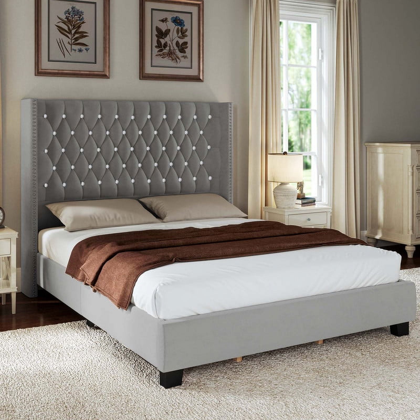 Uforic King Wingback Bed Frame with 58" Tall Headboard and USB Charging Stations, Tufted Velvet ...