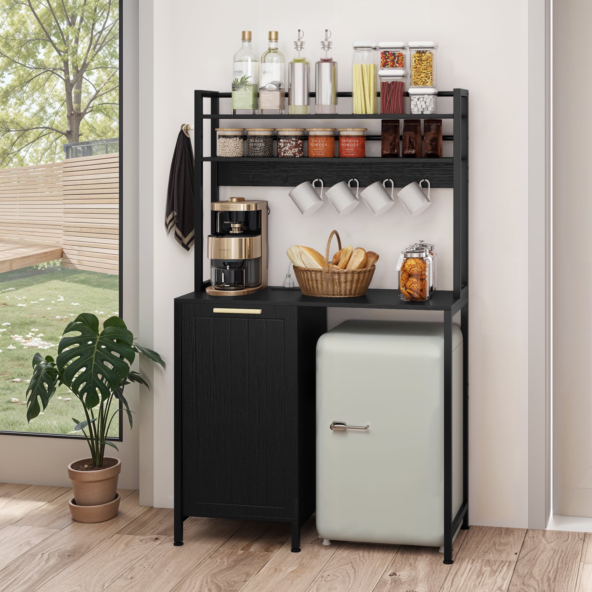 Uforic Kitchen Bakers Rack Mini Fridge Stand with Power Outlets & Trash ...