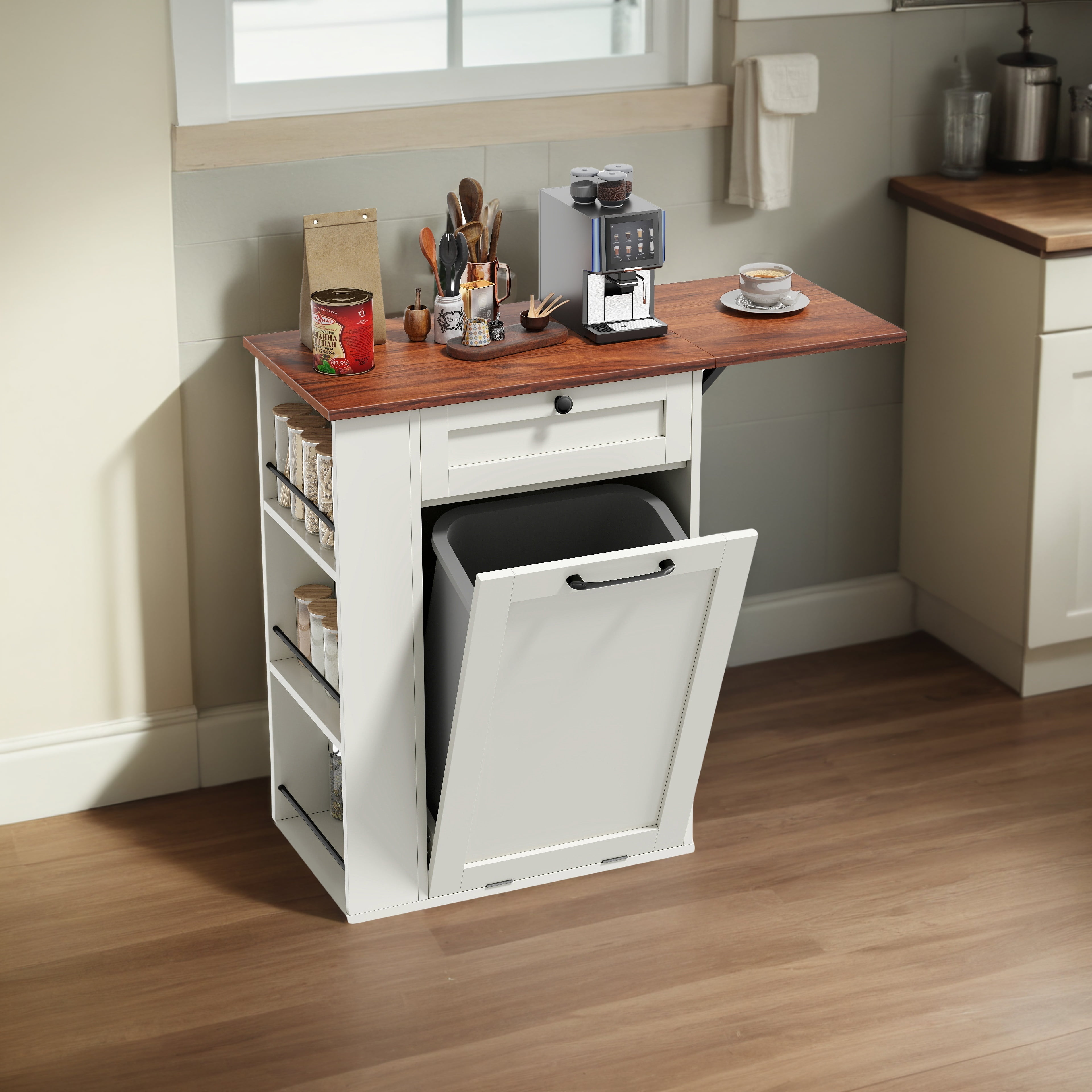 Uforic Kitchen Buffet Cabinet with Drawer & Drop Leaf, Tilt Out Trash ...