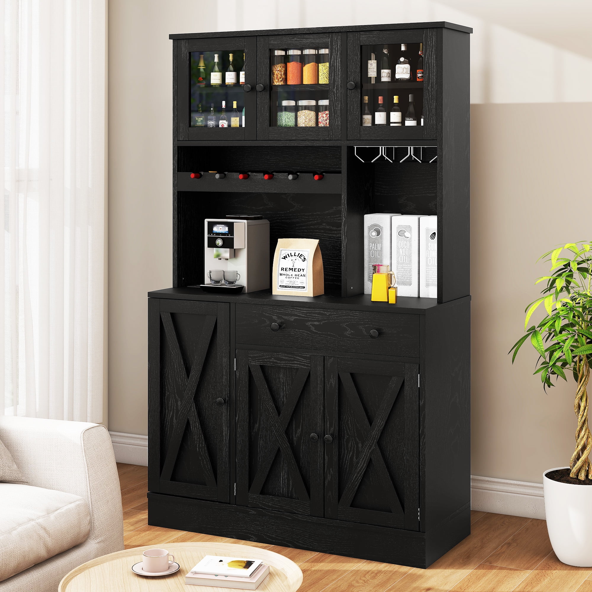 Free Shipping! Uforic Kitchen Pantry Cabinet with Shelves, Glass, Wine ...