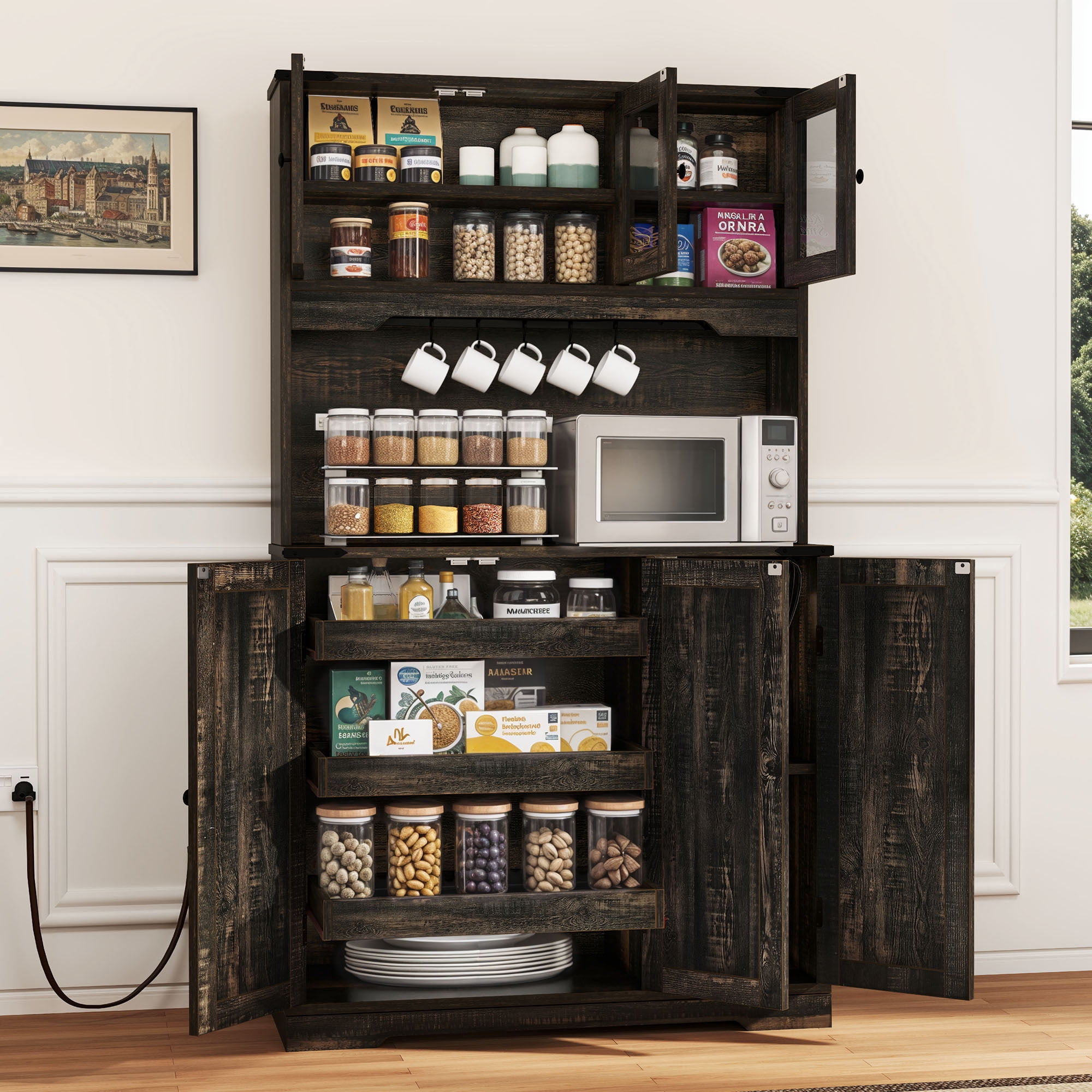 Uforic Kitchen Pantry Cabinet with Power Outlets & Hooks, Farmhouse ...