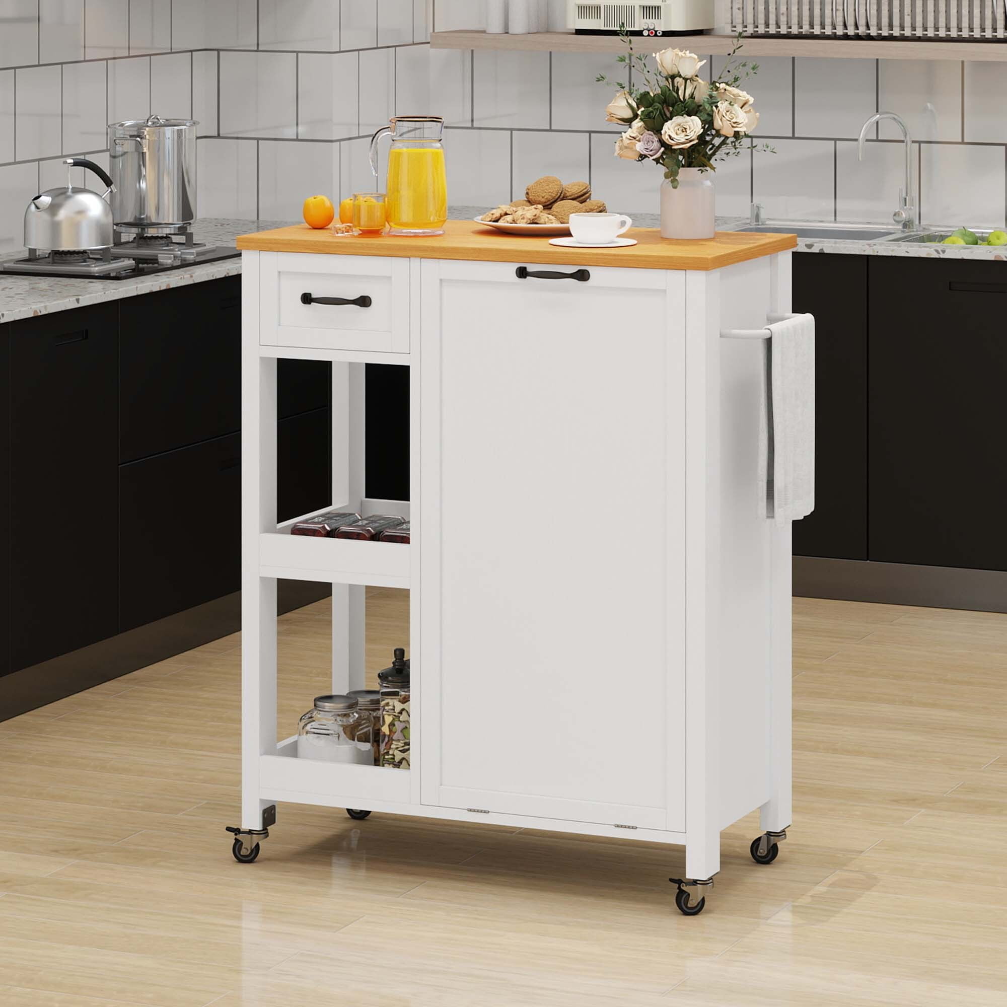 Uforic Kitchen Storage Cart with 13-gal Trash Storage Cabinet, Kitchen ...