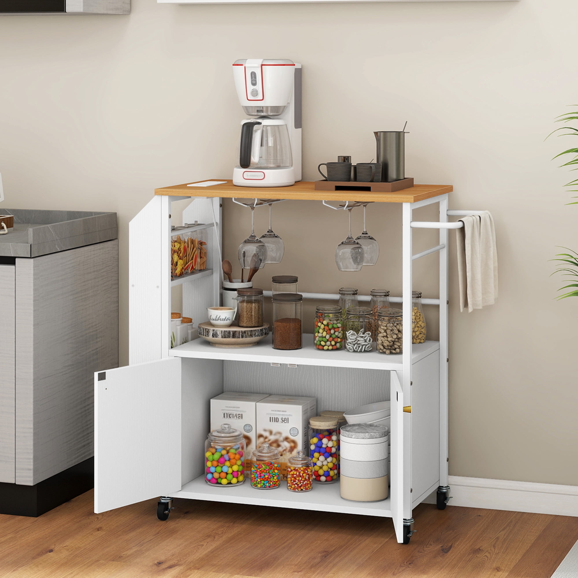 Uforic Kitchen Storage Cart with Power Outlets & Doors, Kitchen Trolley ...