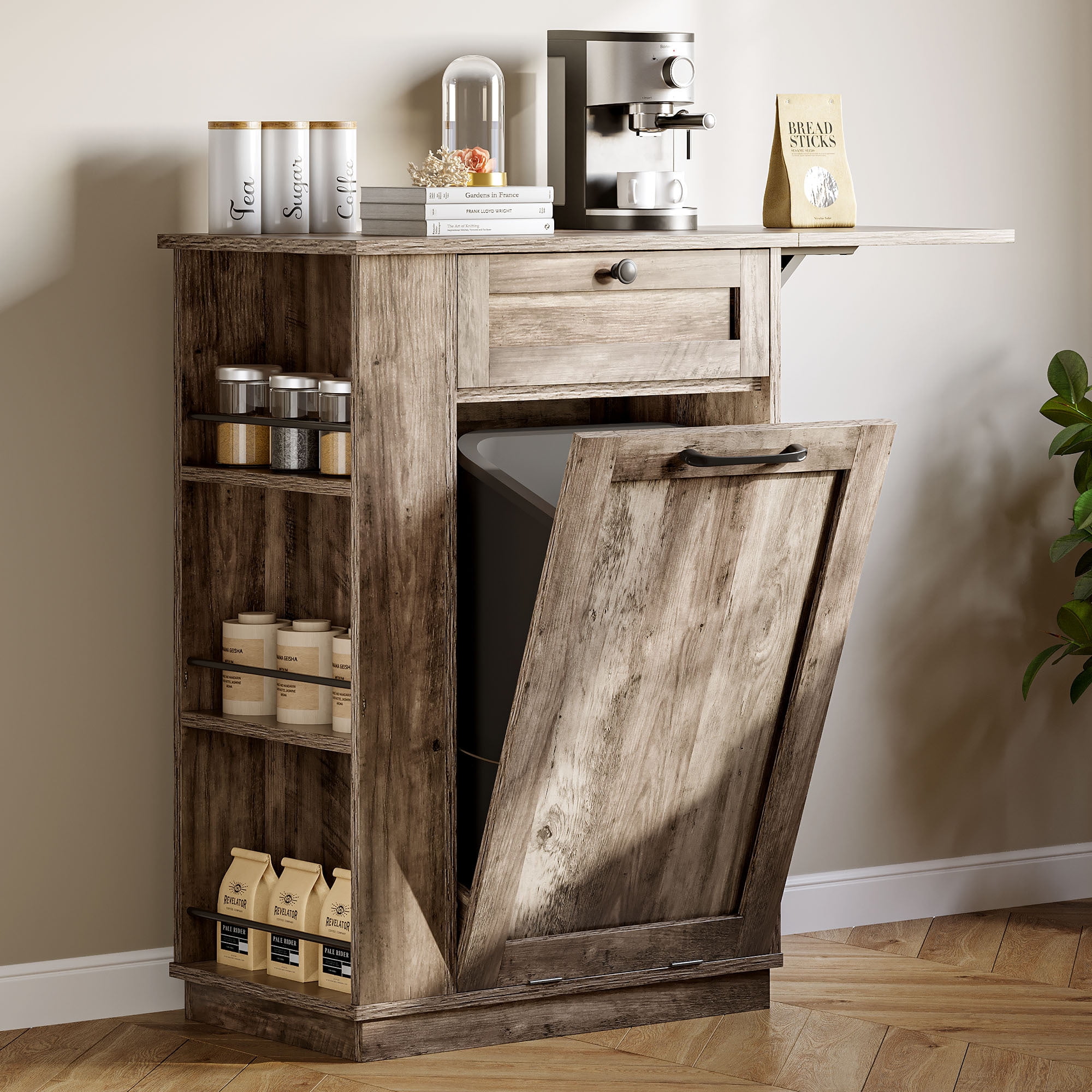 Uforic Kitchen Tilt Out Trash Can Cabinet with Drawer & Drop Leaf ...