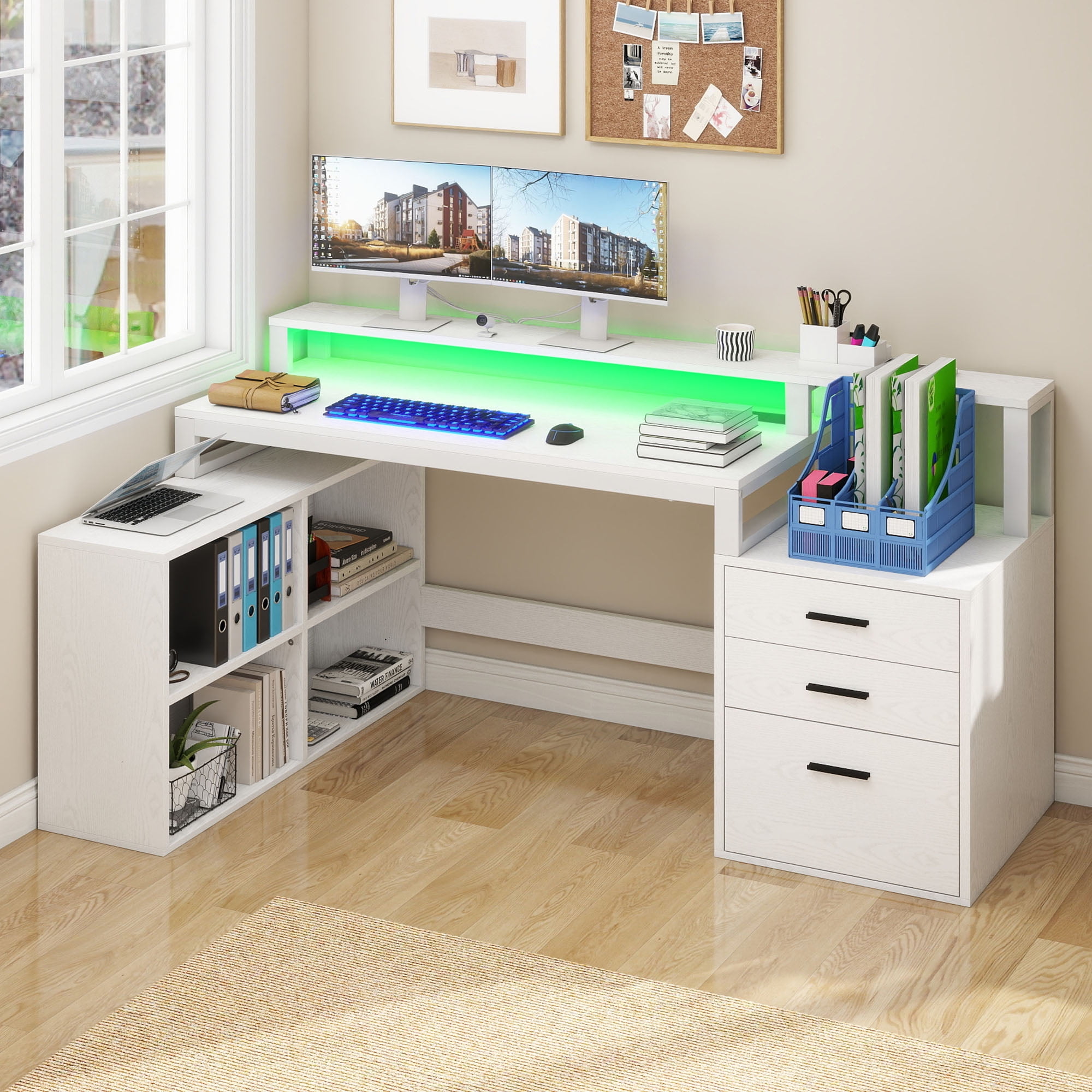 Uforic L-Shaped Desk with USB Ports & LED Light, Modern Computer Desk ...