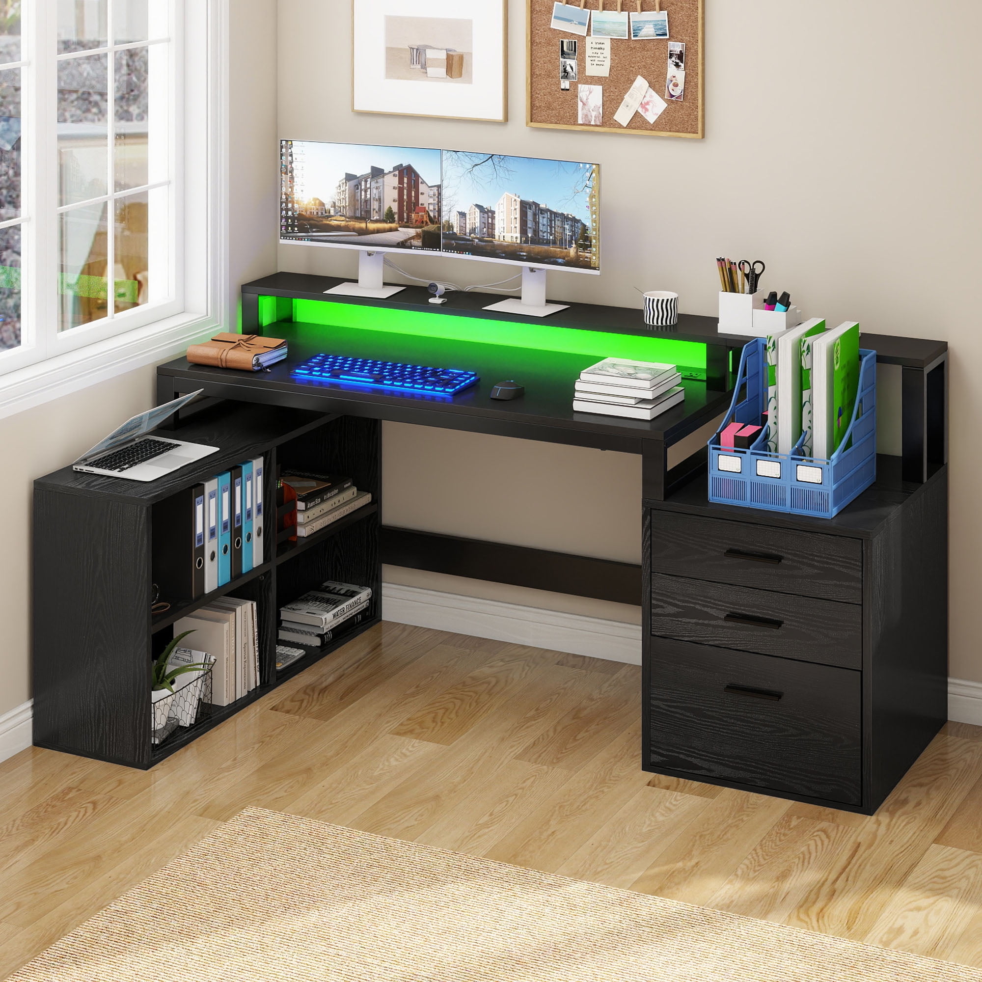 Uforic L-Shaped Desk with USB Ports & LED Light, Modern Computer Desk ...