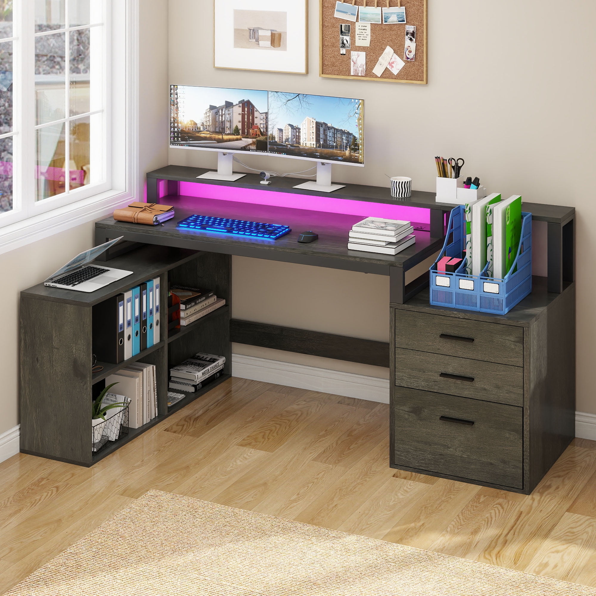 Uforic L Shaped Desk with LED Light & Power Outlets, Corner Computer ...