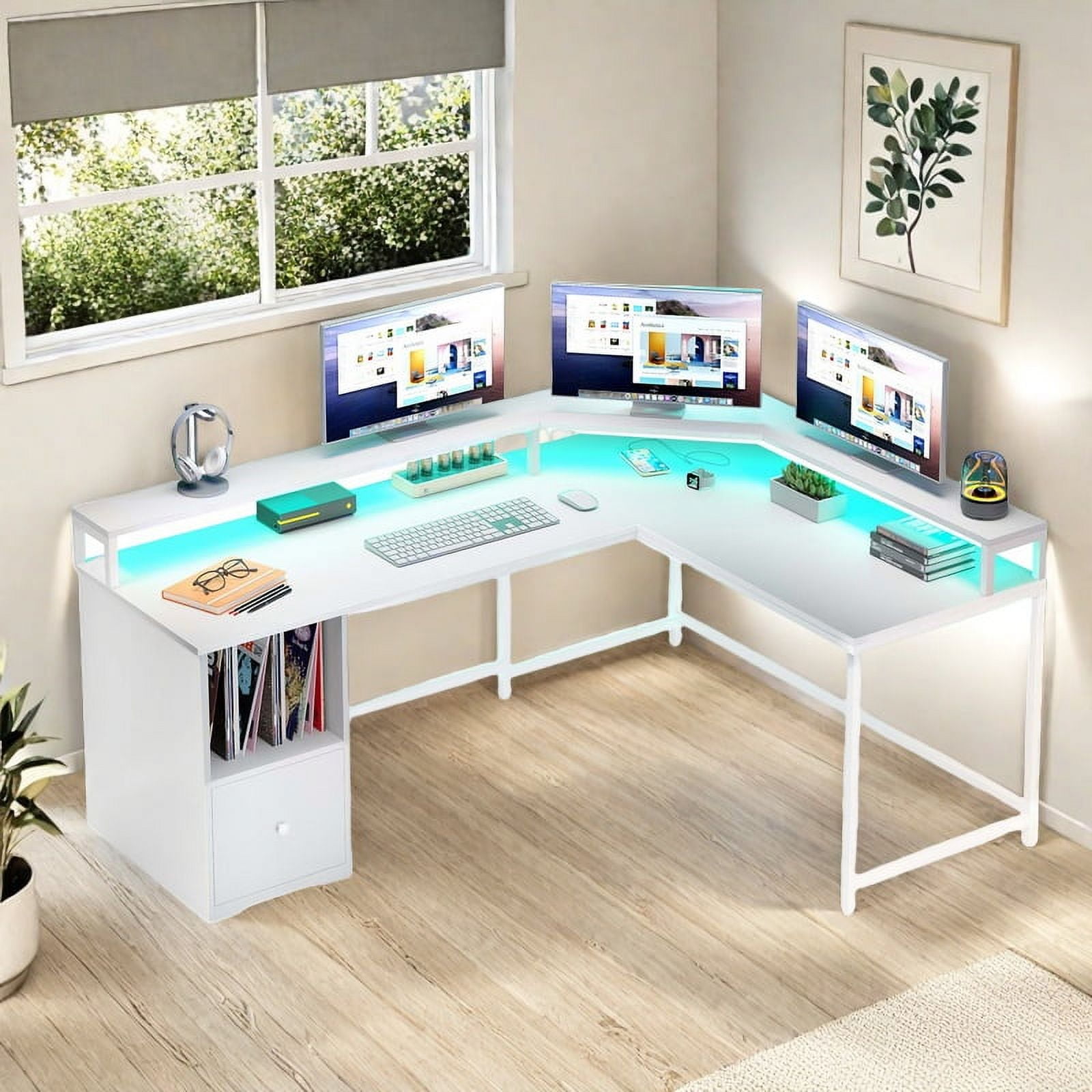 Uforic L-Shaped Desk with Power Outlets& LED Lights, Corner Computer ...