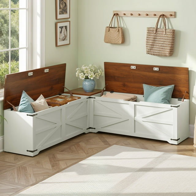 Uforic L-Shaped Wood Farmhouse Storage Chest,Nook Corner Bench with ...