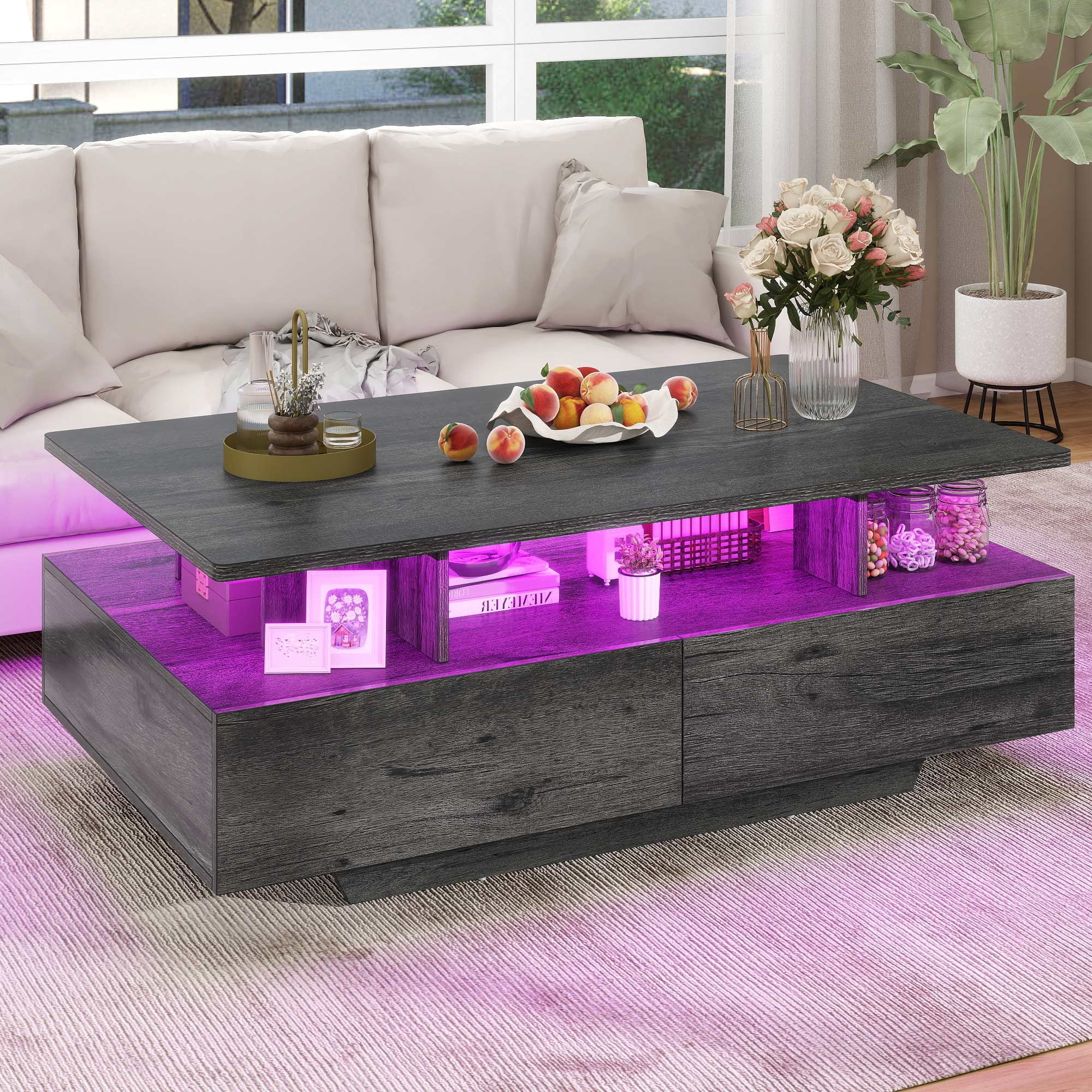 Uforic LED Coffee Table, Modern Center Tables with Storage for Living ...