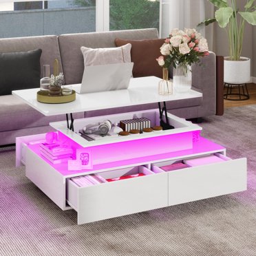 Ktaxon White LED Coffee Table with Multi-Function Storage, High Gloss ...