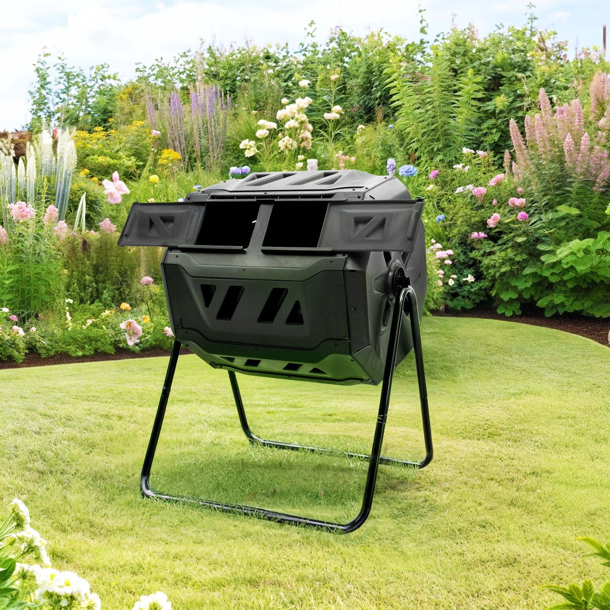 Uforic Large Dual Chamber Compost Bin, Outdoor Rotating Compost Tumbler ...