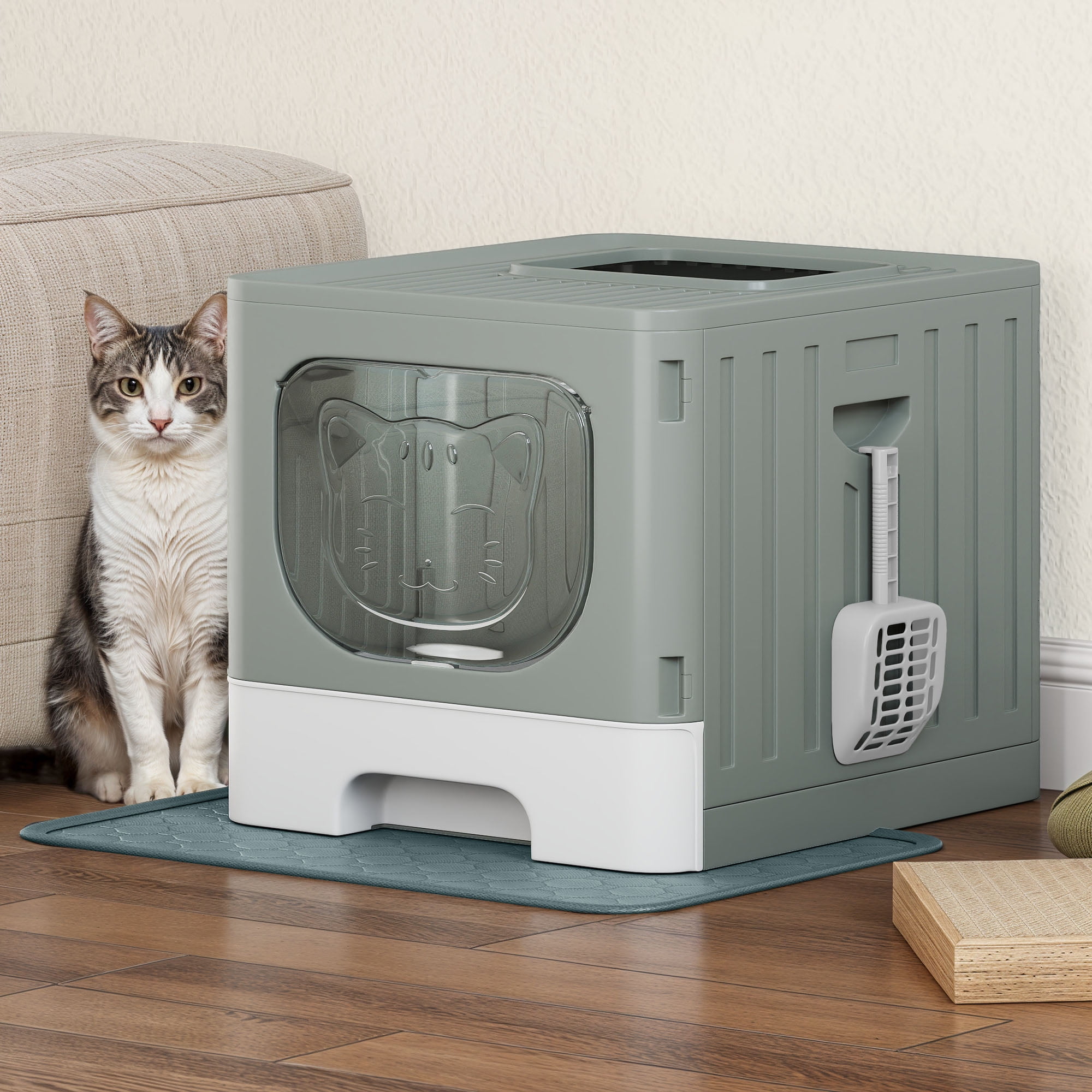 Uforic Large Enclosed Cat Litter Box with Mat and Litter Scoop,Cat ...