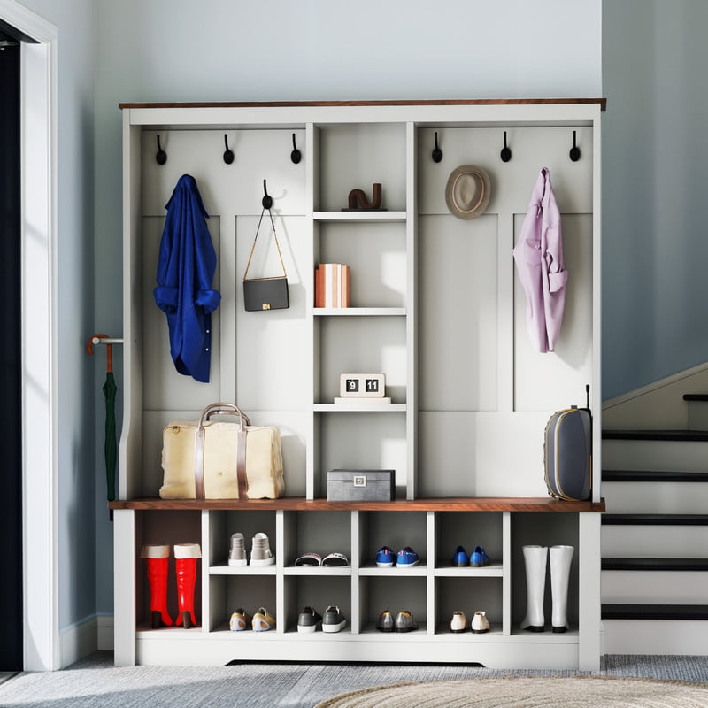 Uforic Large White Hall Tree with Shoe Storage, Coat Rack with Bench ...