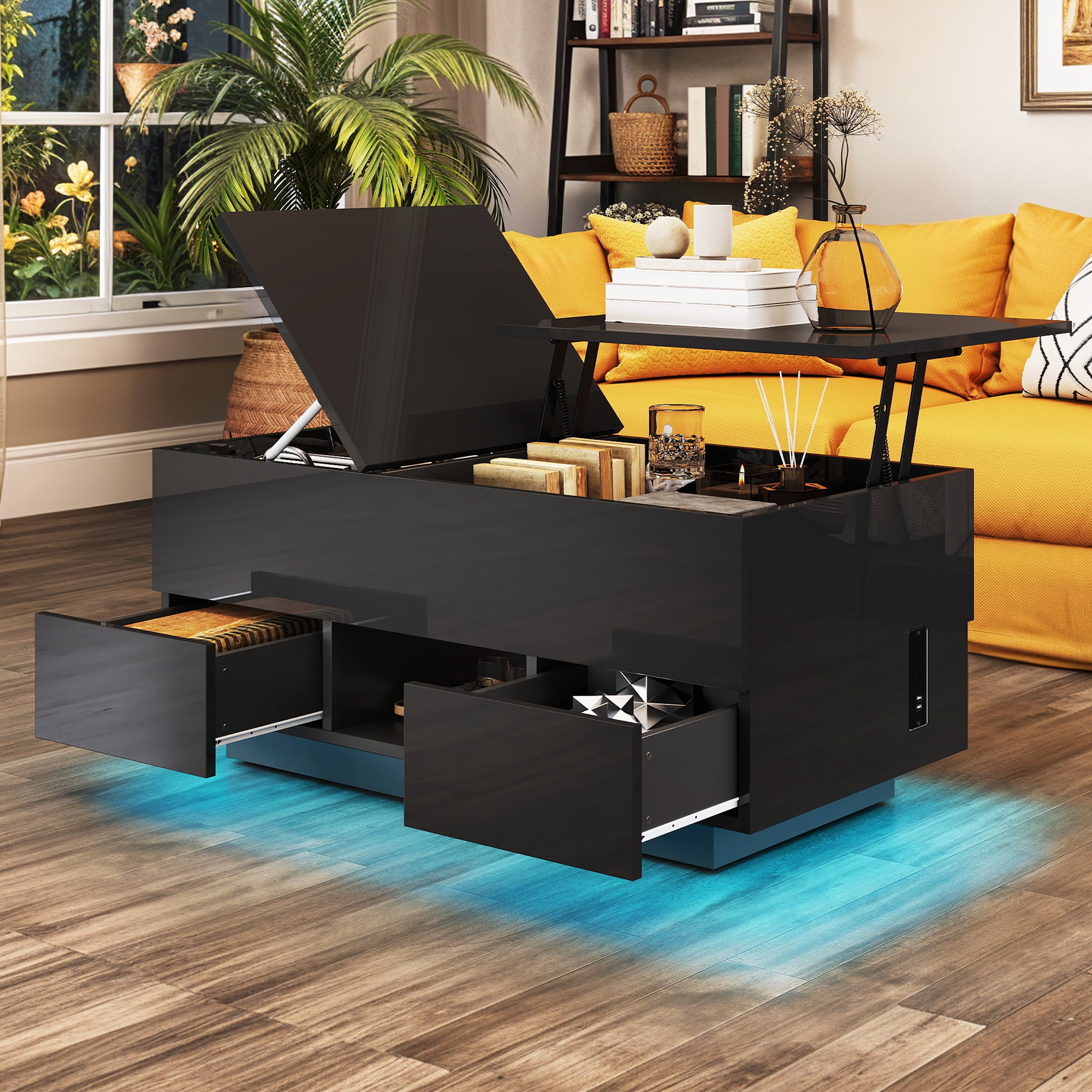 Uforic Lift Top Table with Drawers & LED Lights, High Gloss Coffee ...