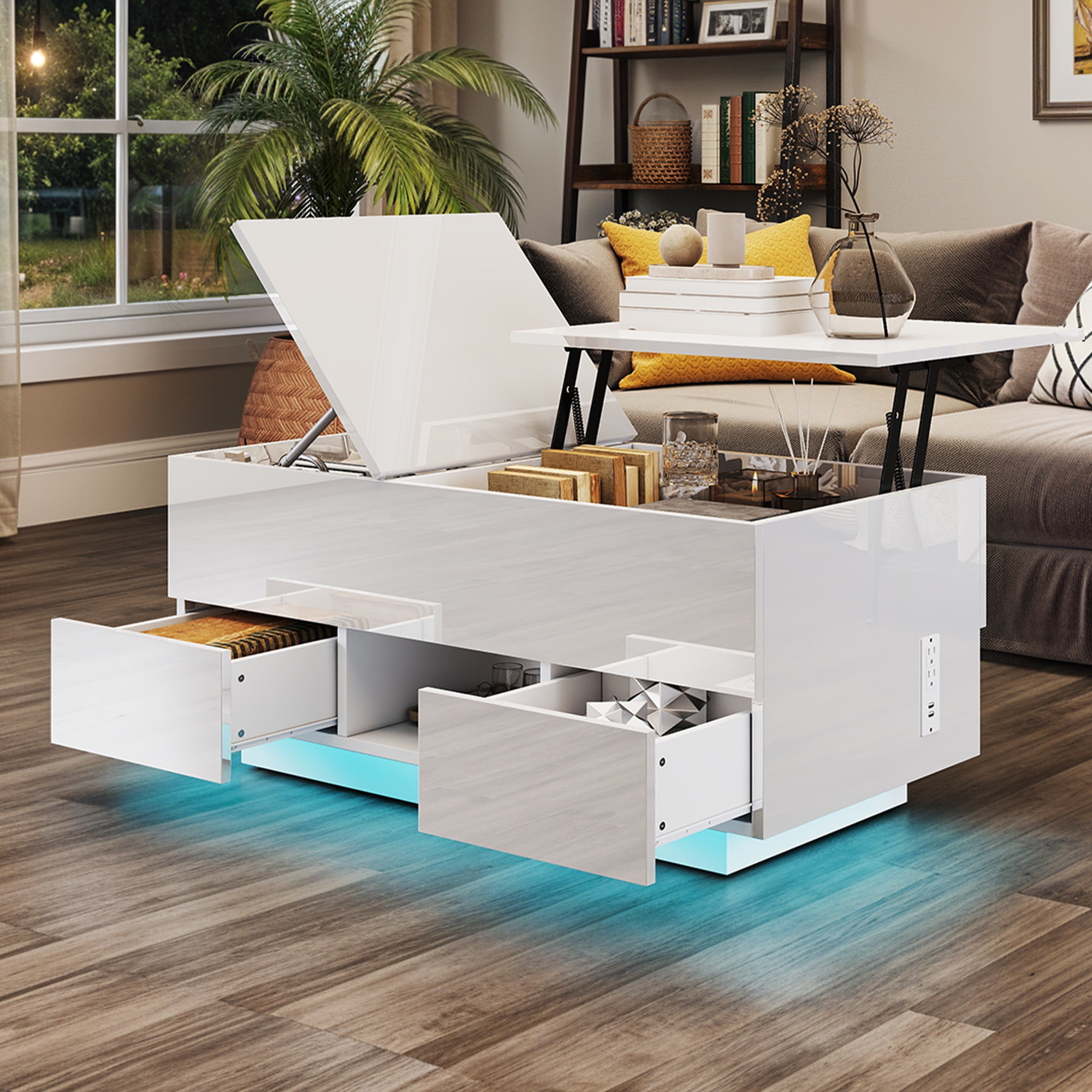 Uforic Lift Top Table with Drawers & LED Lights, High Gloss Coffee ...