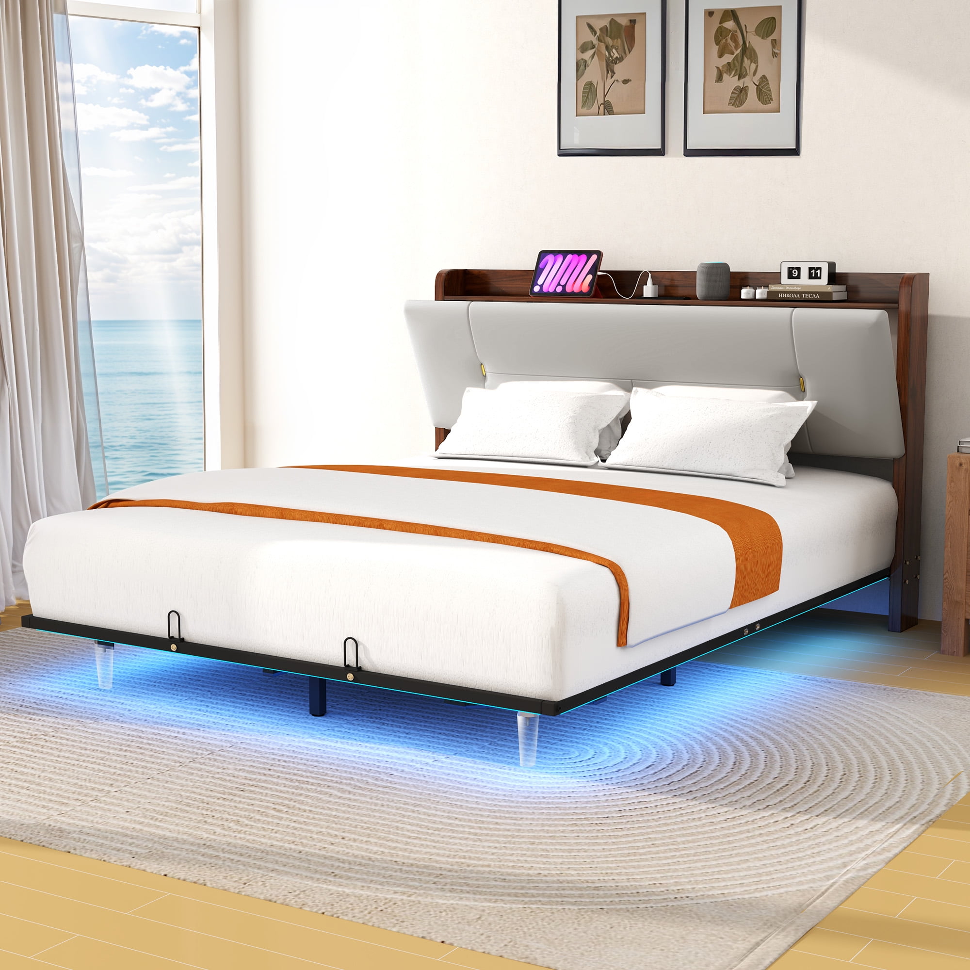 Uforic Light Faux Leather Queen Bed Frame with LED Lights, Platform Bed ...