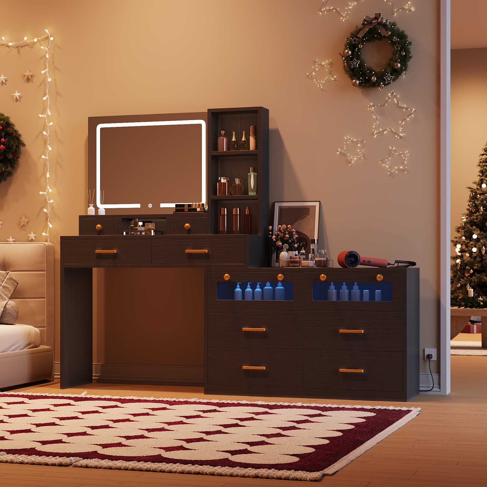 Uforic Makeup Vanity Desk with Mirror & LED Lights, Black Vanity Table ...