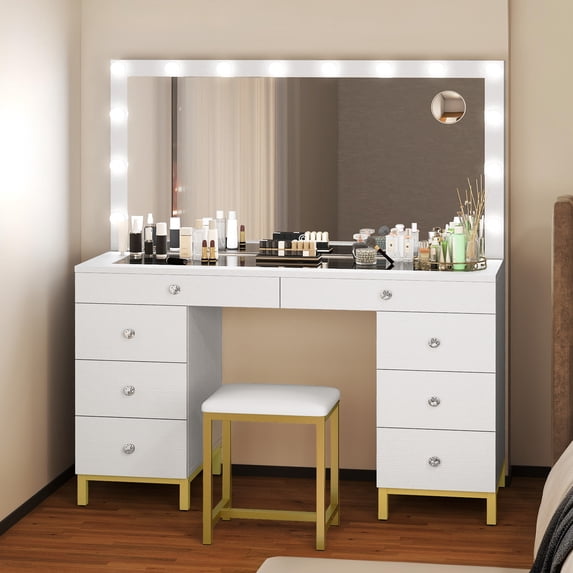 Uforic Makeup Vanity Desk with Glass Top, Lights (14 LED Bulbs ...