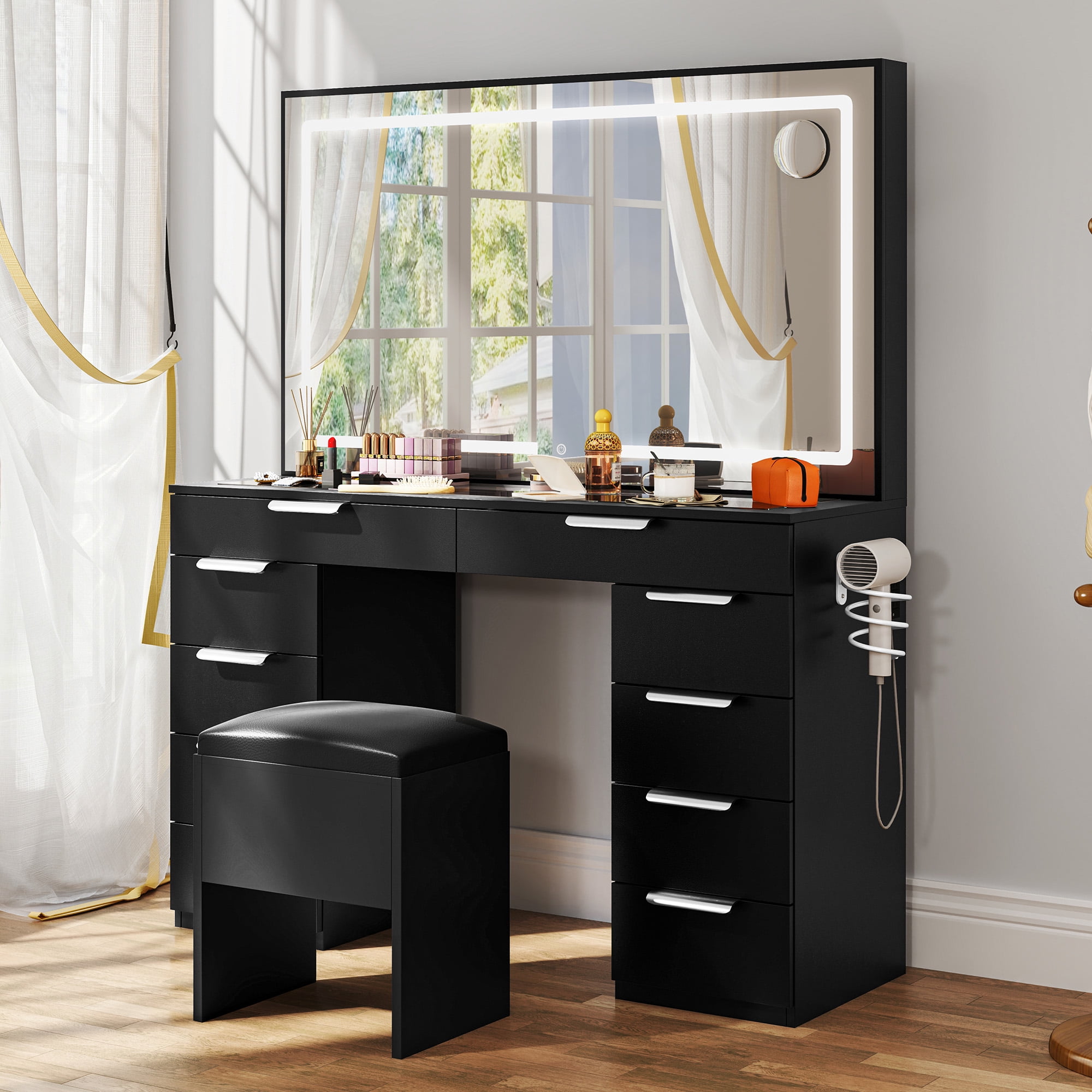 Uforic Black Makeup Vanity Dresser with LED Light Strip and XL Mirror ...