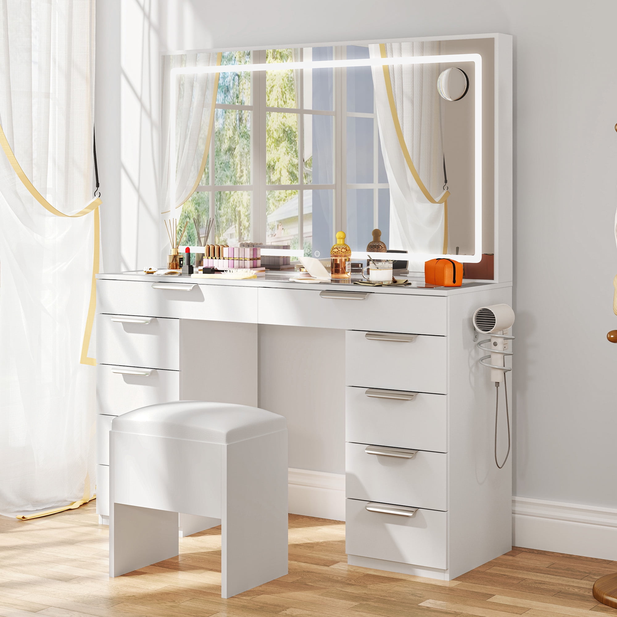 UFORIC Makeup Vanity Dressers with Mirror, 10-Drawer Set 3 Color Modes ...