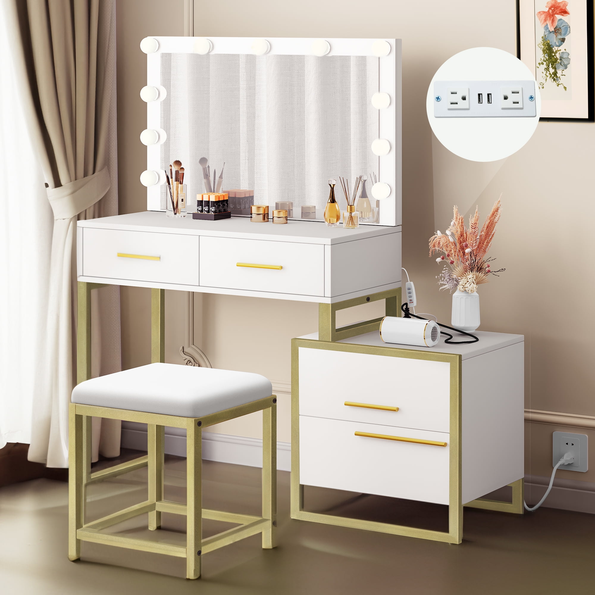 Uforic Makeup Vanity with Lights and Power Strip, Vanity Desk with ...