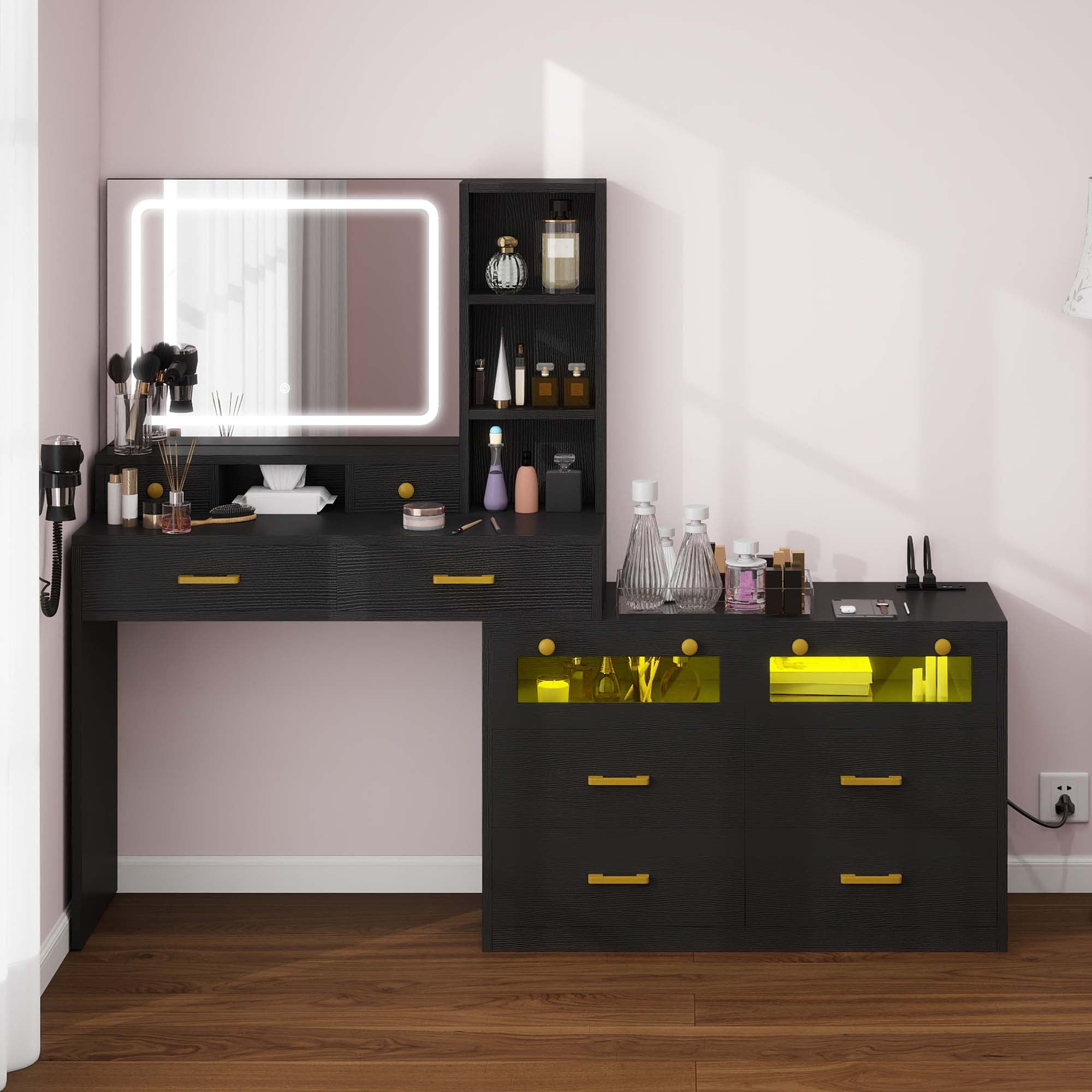 Uforic Makeup Vanity with 8 Drawers& USB Charging Station, L Shape ...