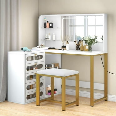 Dextrus L-Shaped Vanity Set with LED Light, 5 Drawers, Storage Shelves ...