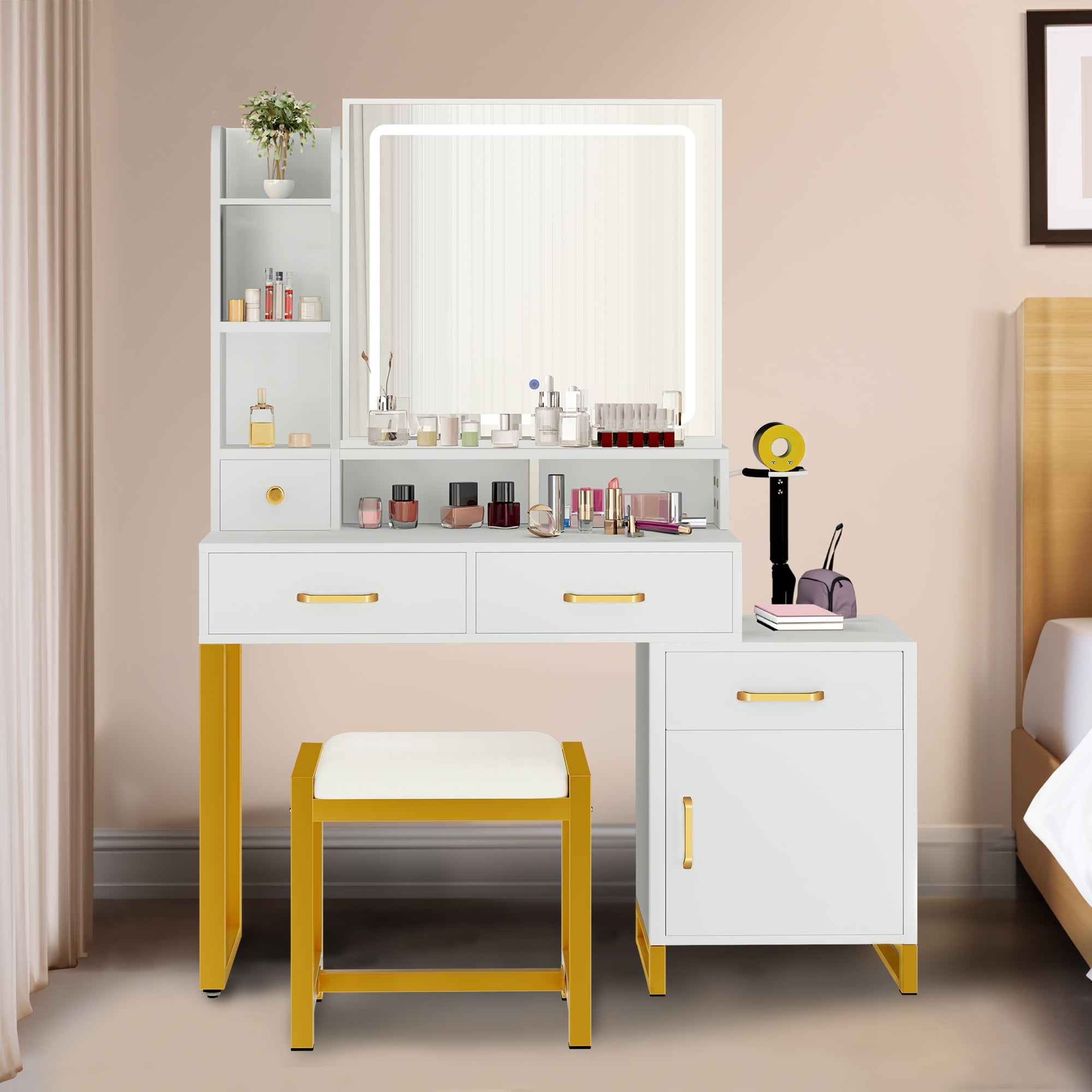 Uforic Makeup Vanity with Mirror, Lights and Drawers, Vanity Table Set ...