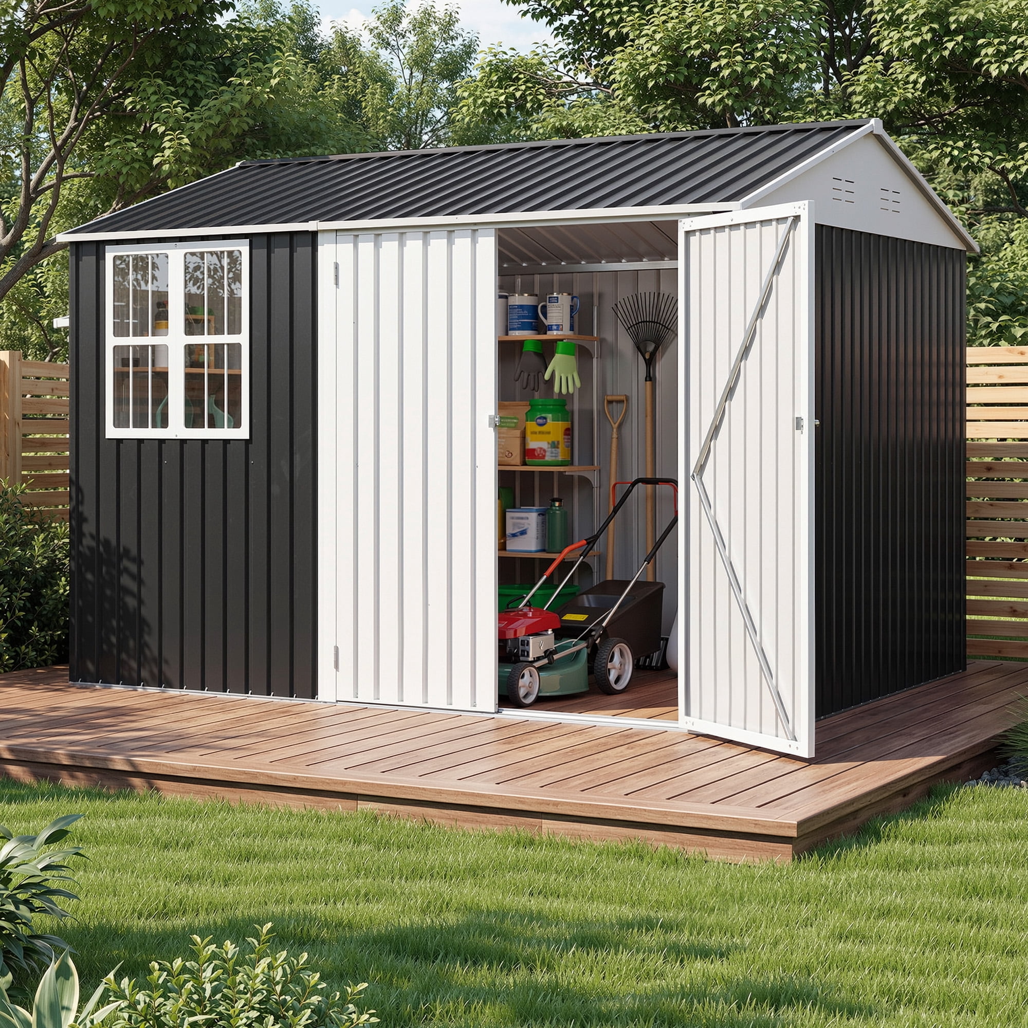 Uforic Metal Outdoor Storage Shed, 10x10ft Steel Tool Shed with Window ...