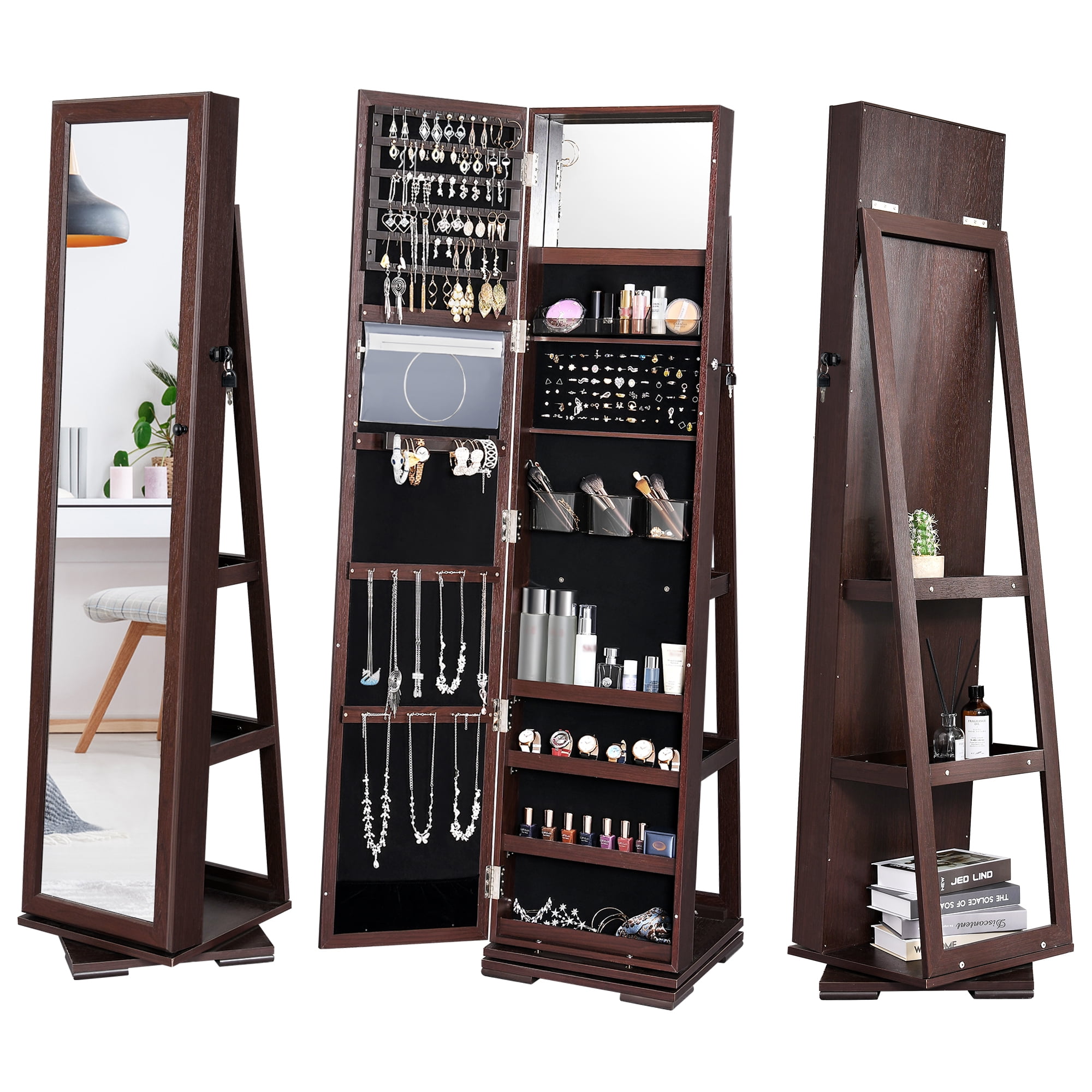 Uforic Mirror Jewelry Cabinet 360° Rotating Jewelry Armoire Storage Box ...