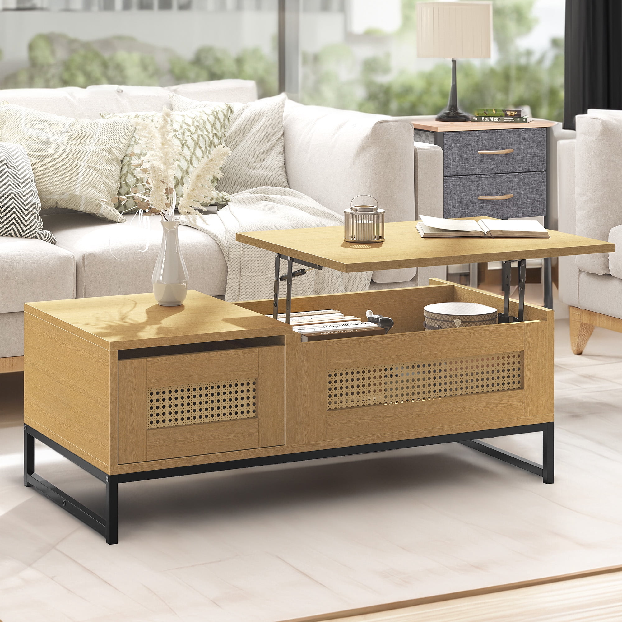 Uforic Modern Lift Top Coffee Table with Elegant Rattan Weave Design ...