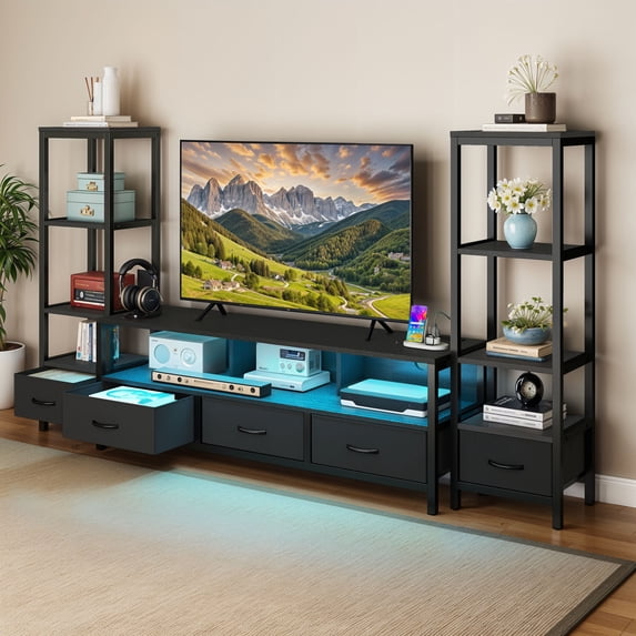 Uforic Modern Rustic Wood Metal Frame TV Stand with Remote Control LED ...