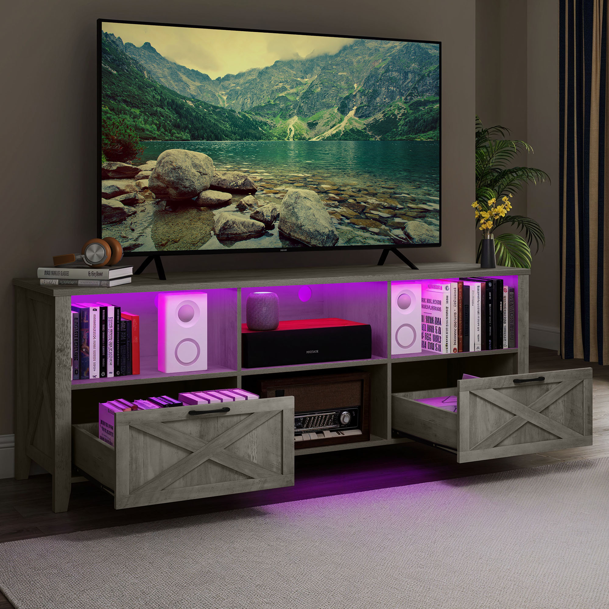 Uforic Modern TV Cabinet with Vibrant LED Lights, 70" Entertainment ...