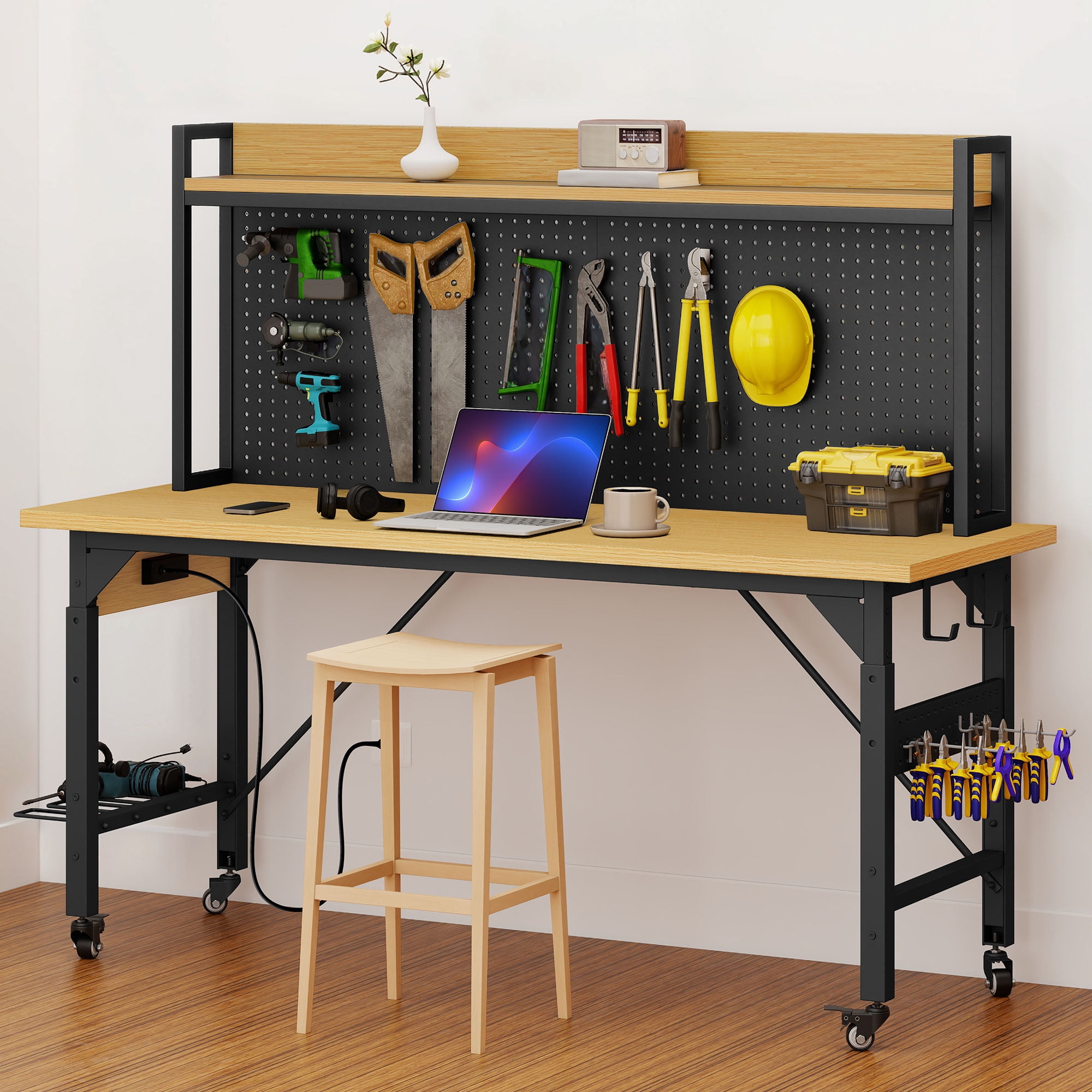 Uforic Multifunctional Workbench with Pegboard Worktable w/ Power ...