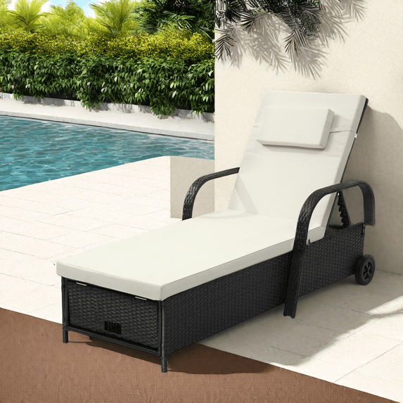 Uforic Outdoor Rattan Chaise Lounge with Cushions, Built-In Storage ...
