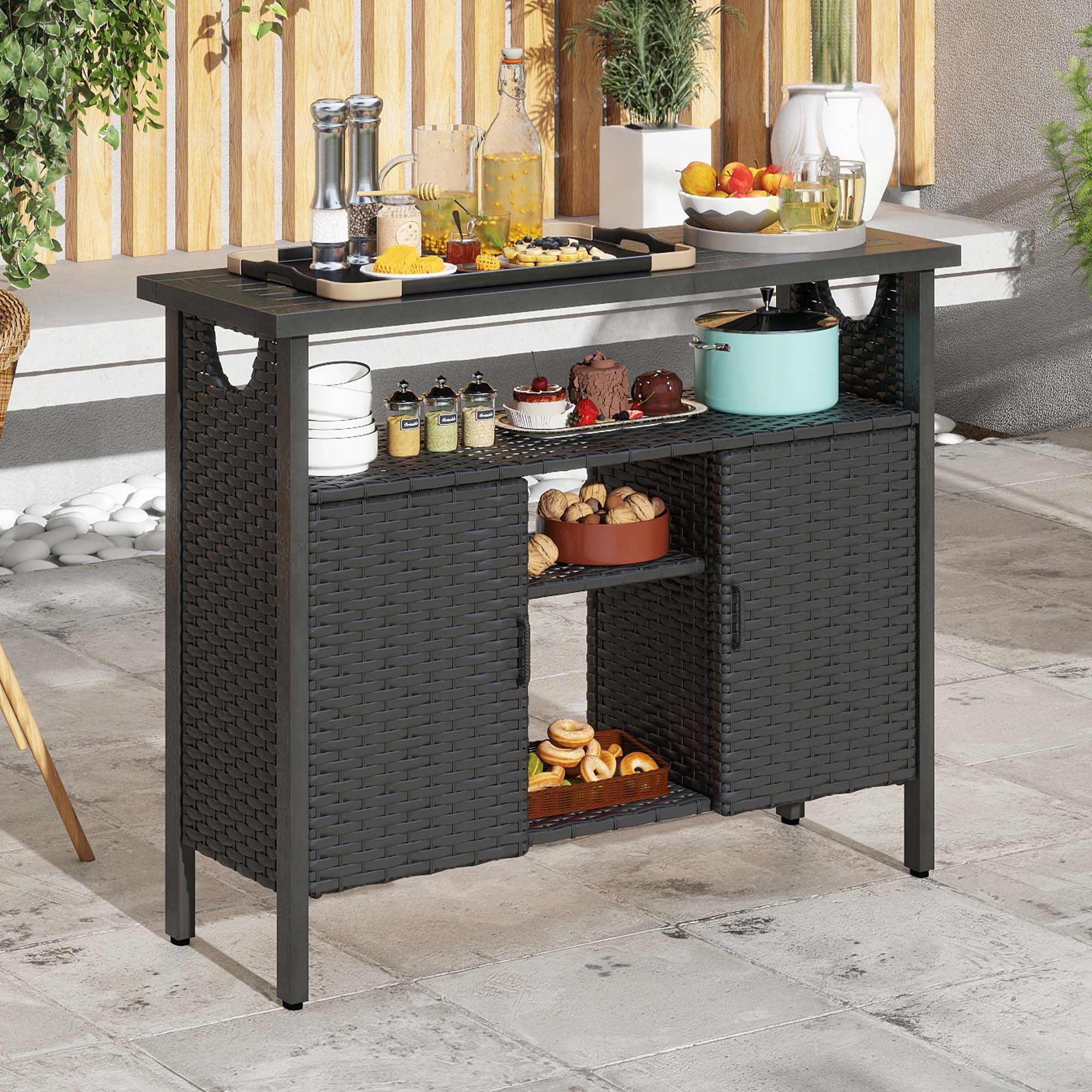 Uforic Outdoor Wicker Bar Table with Storage Shelves and Doors, Wicker ...