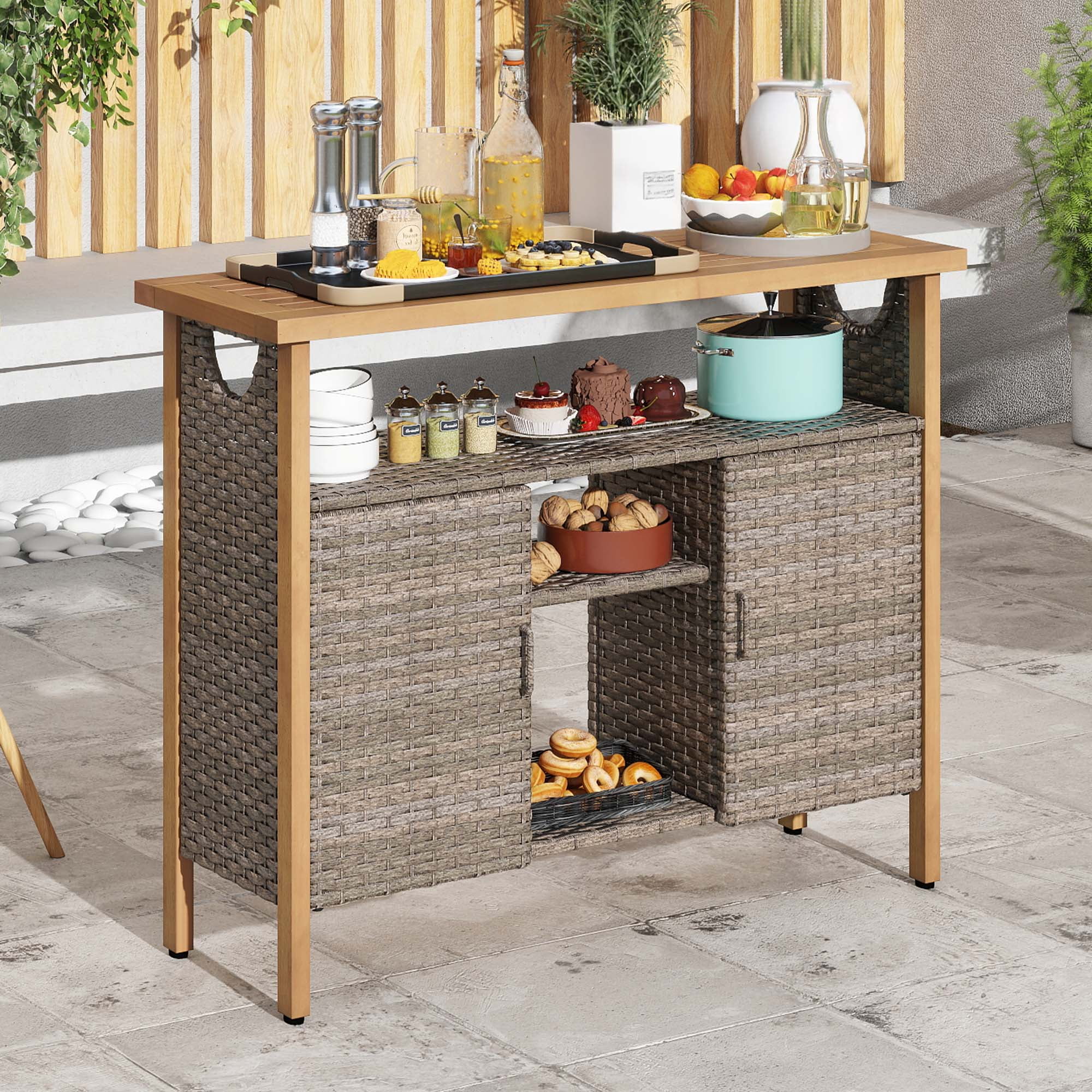 Uforic Outdoor Wicker Bar Table with Storage Shelves and Doors, Wicker ...