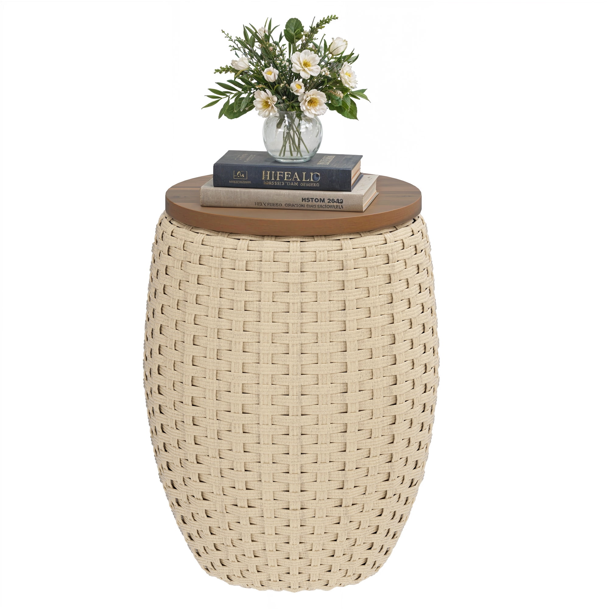 Uforic Outdoor Wicker Drum Side Table, All-weather Rattan Small Storage ...
