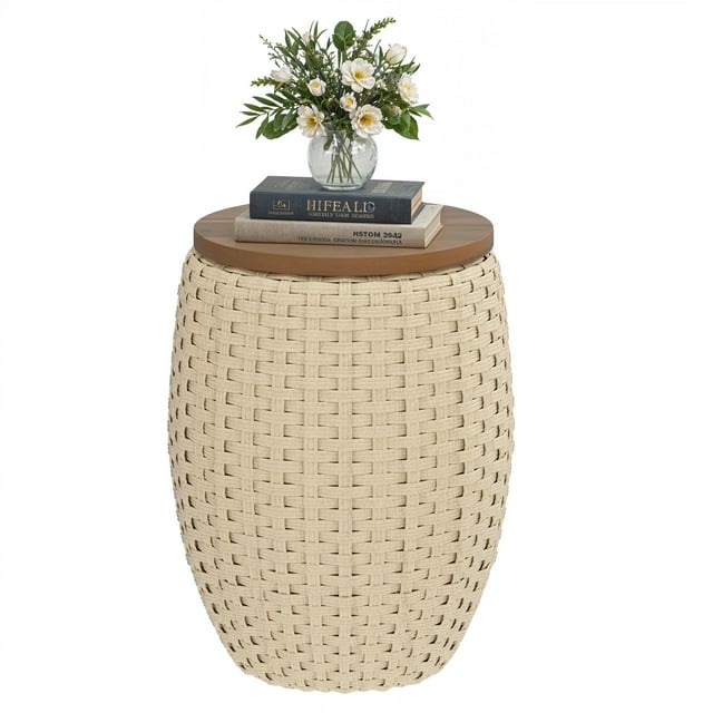 Uforic Outdoor Wicker Drum Side Table, All-weather Rattan Small Storage ...
