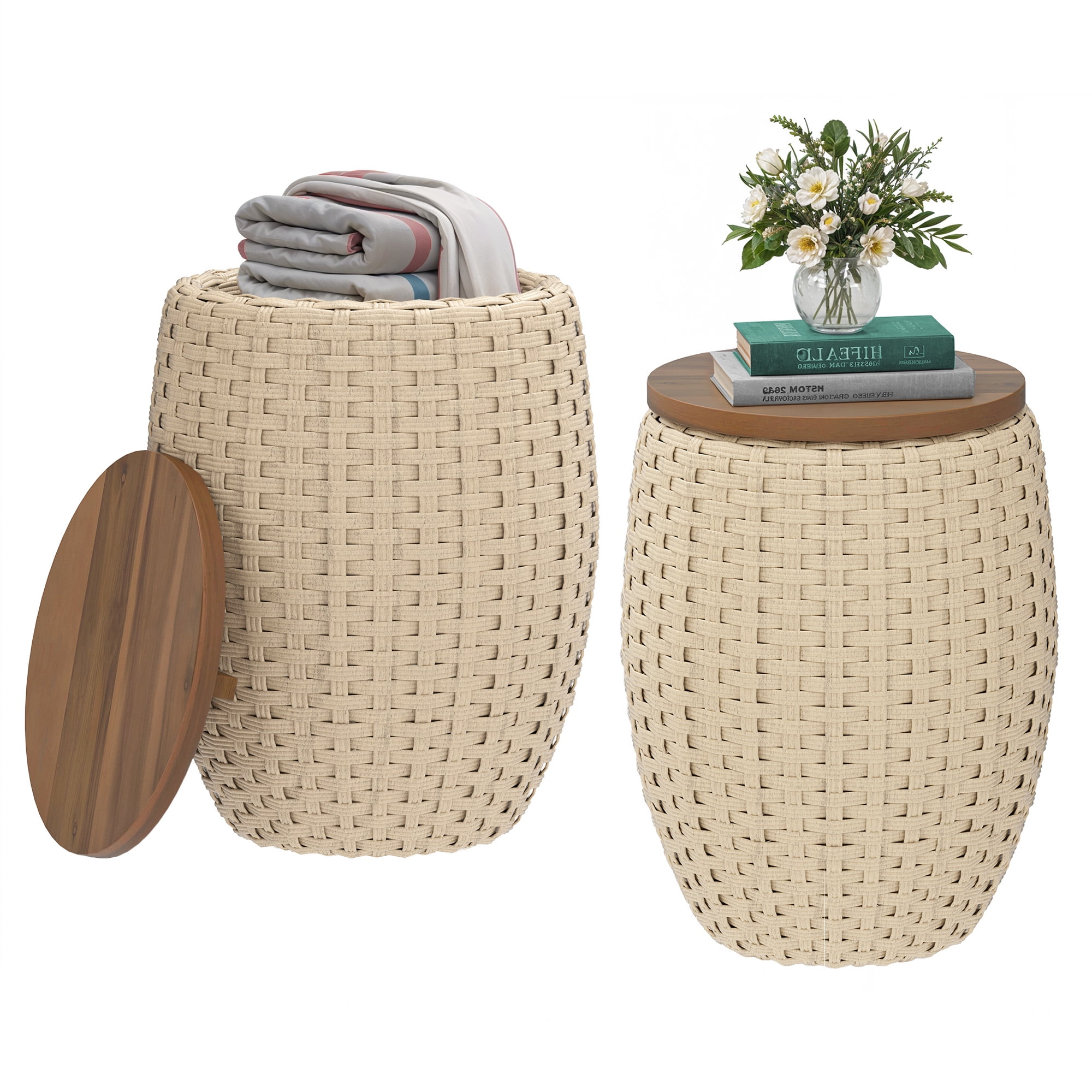 Uforic Outdoor Wicker Drum Side Table set of 2, All-weather Rattan ...